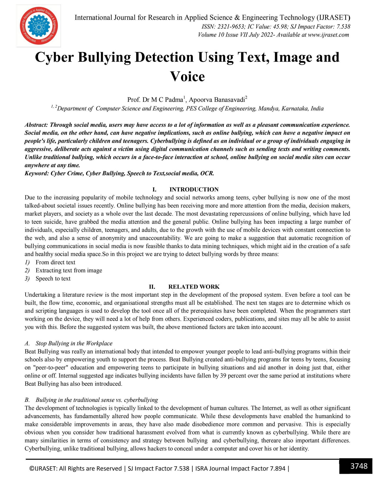Cyber Bullying Detection Using Text, Image and Voice by IJRASET - Issuu