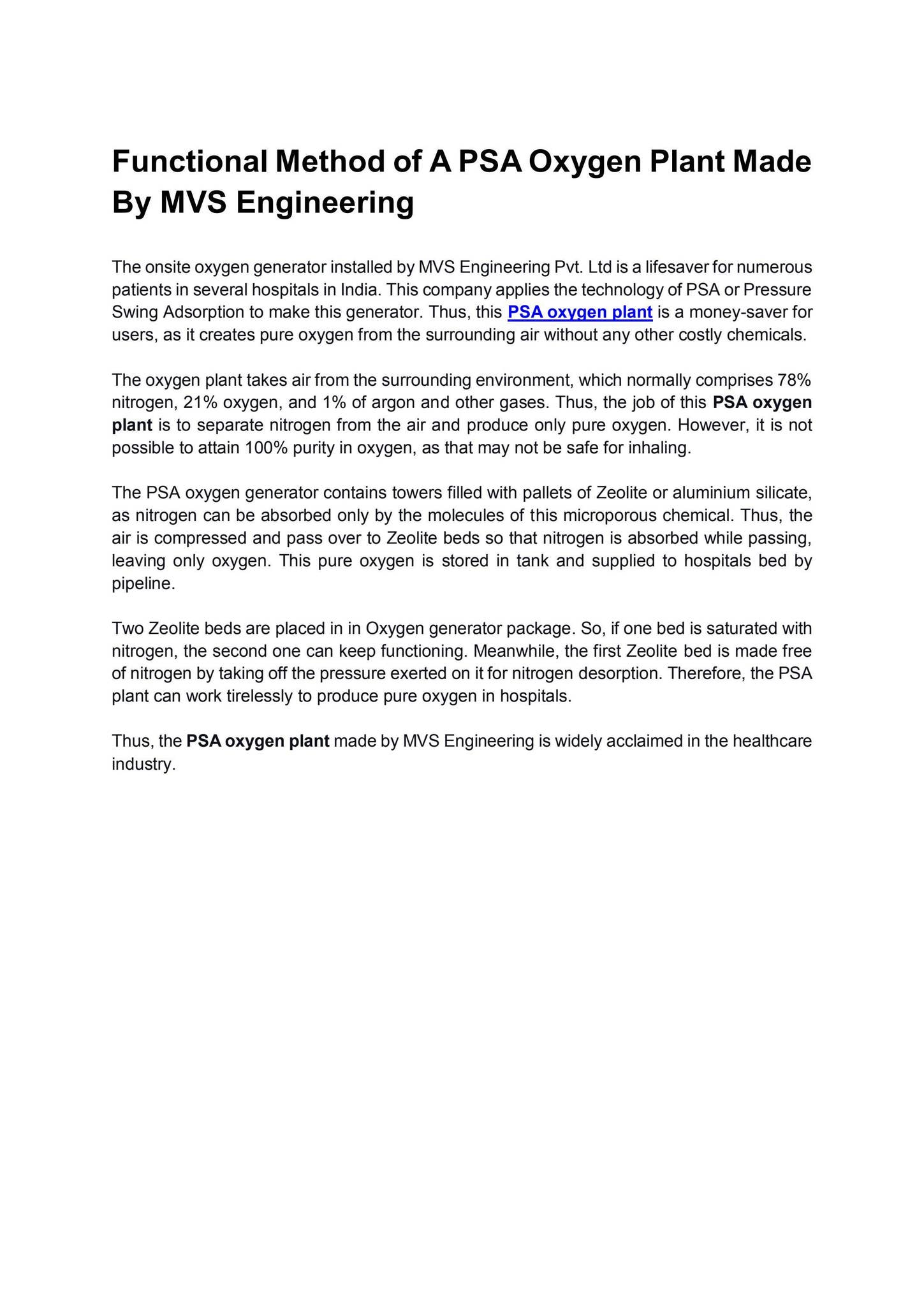 Functional Method of A PSA Oxygen Plant Made By MVS Engineering by MVS ...