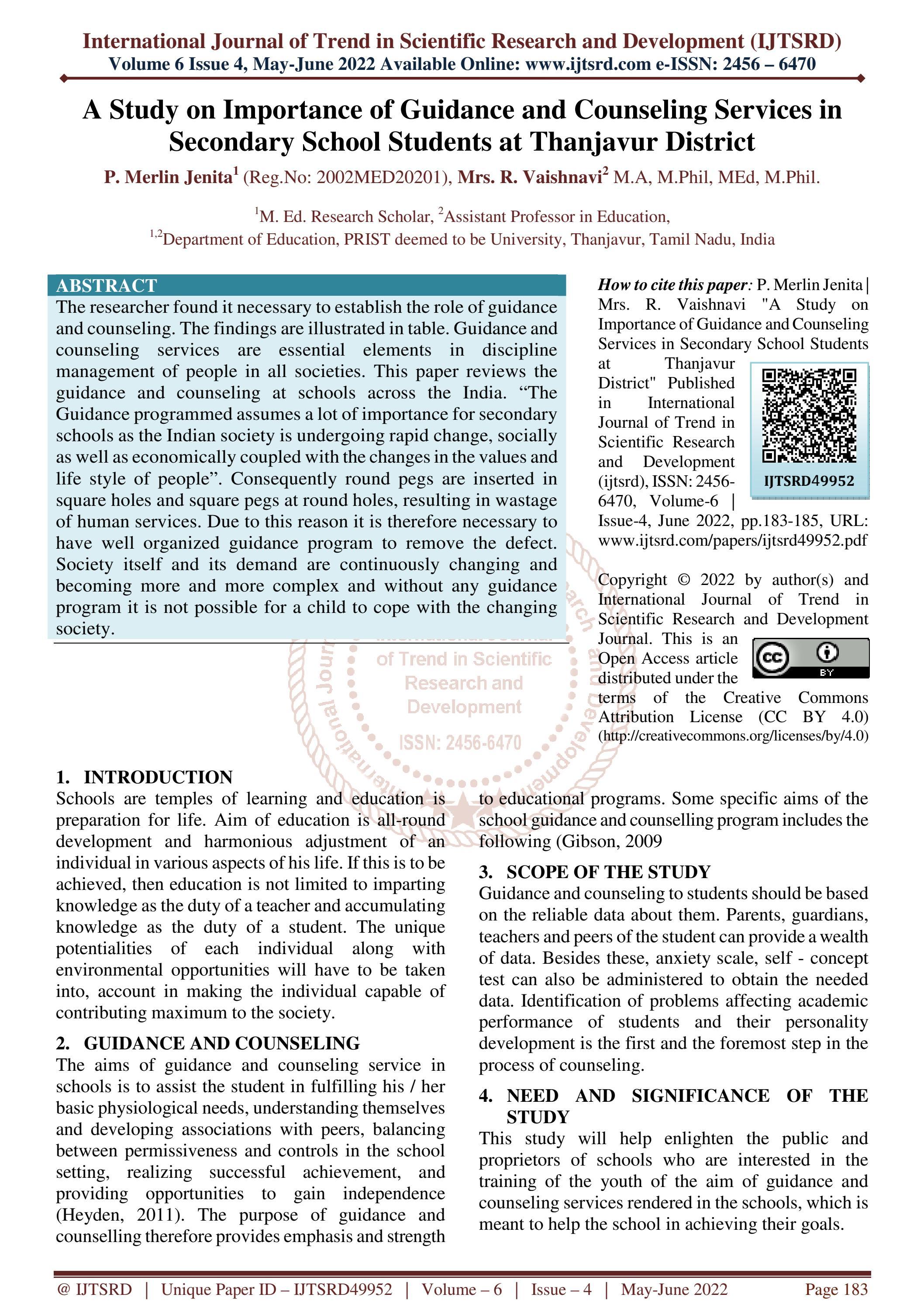 A Study On Importance Of Guidance And Counseling Services In Secondary