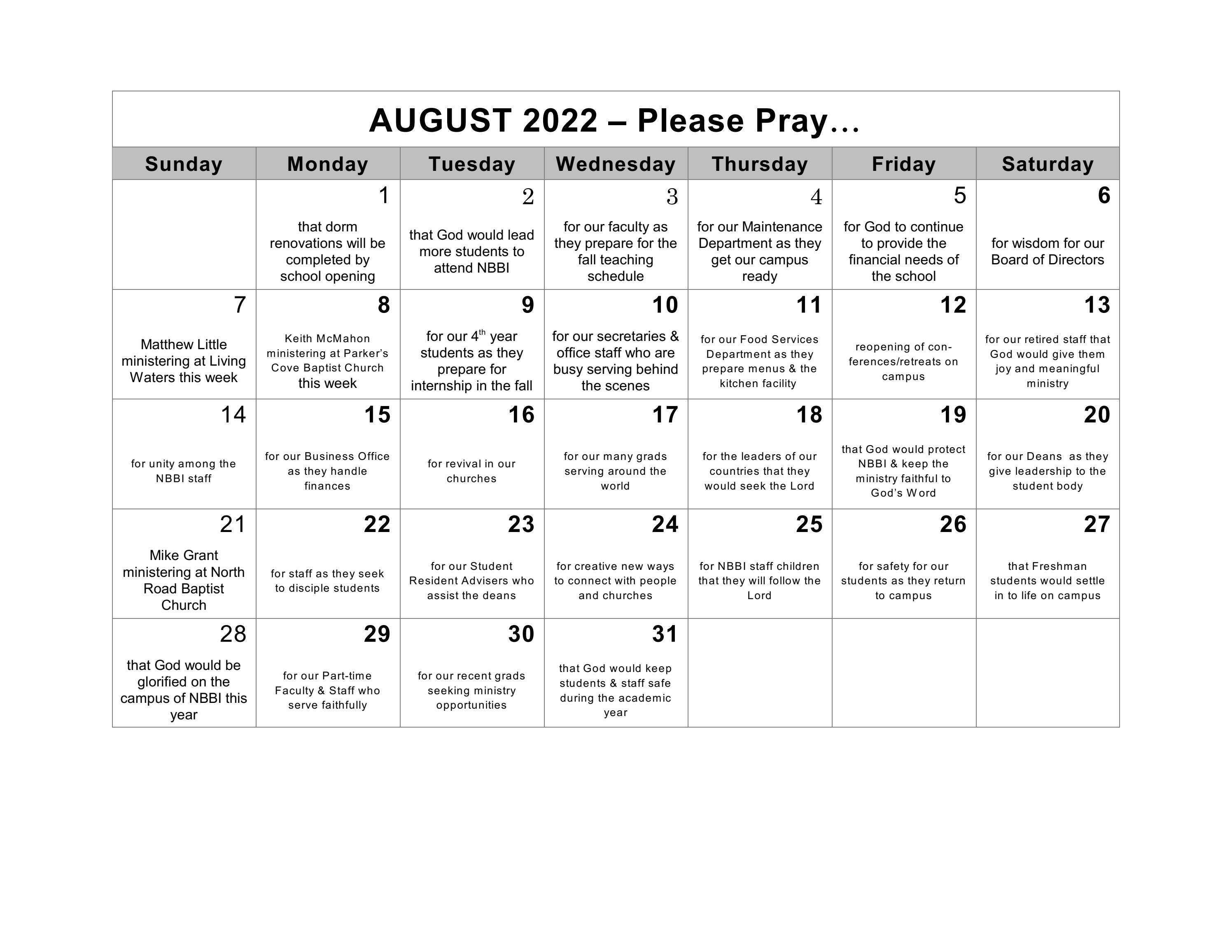 NBBI August 2022 Prayer Calendar by New Brunswick Bible Institute - Issuu