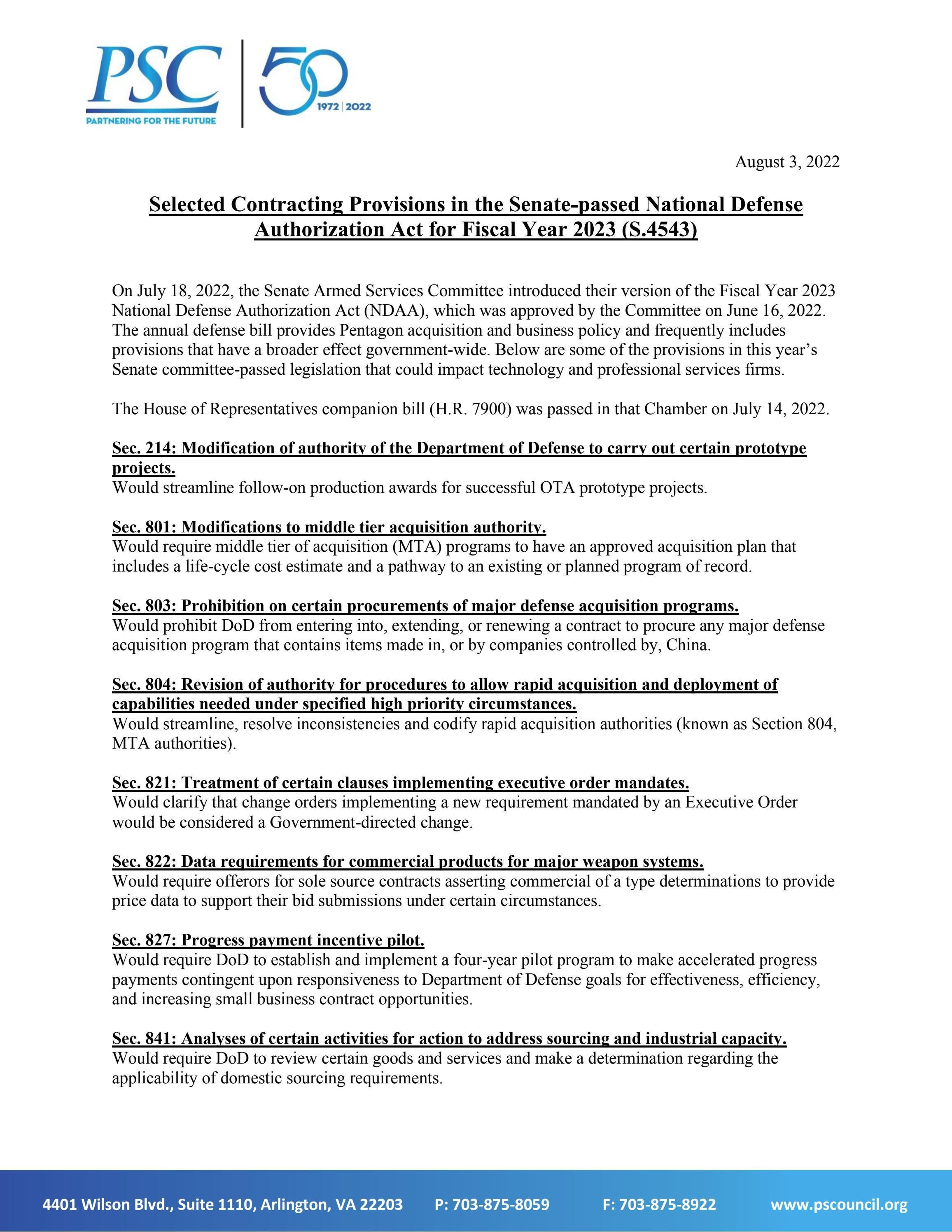 PSC Summary - Senate Armed Services Committee-passed FY23 NDAA by ...