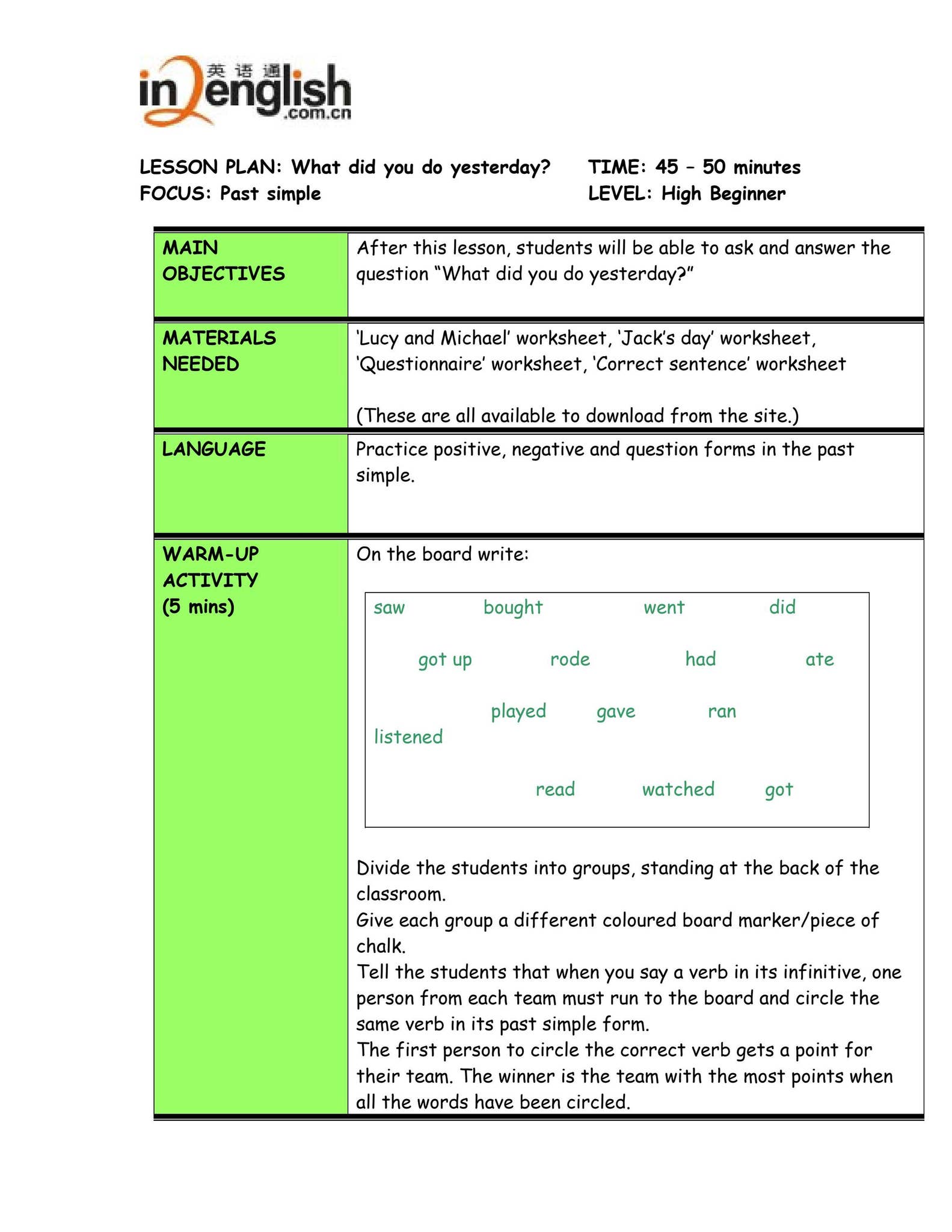 Lesson Plan Simple Past template by Pier Paolo Roncoroni Romero - Issuu