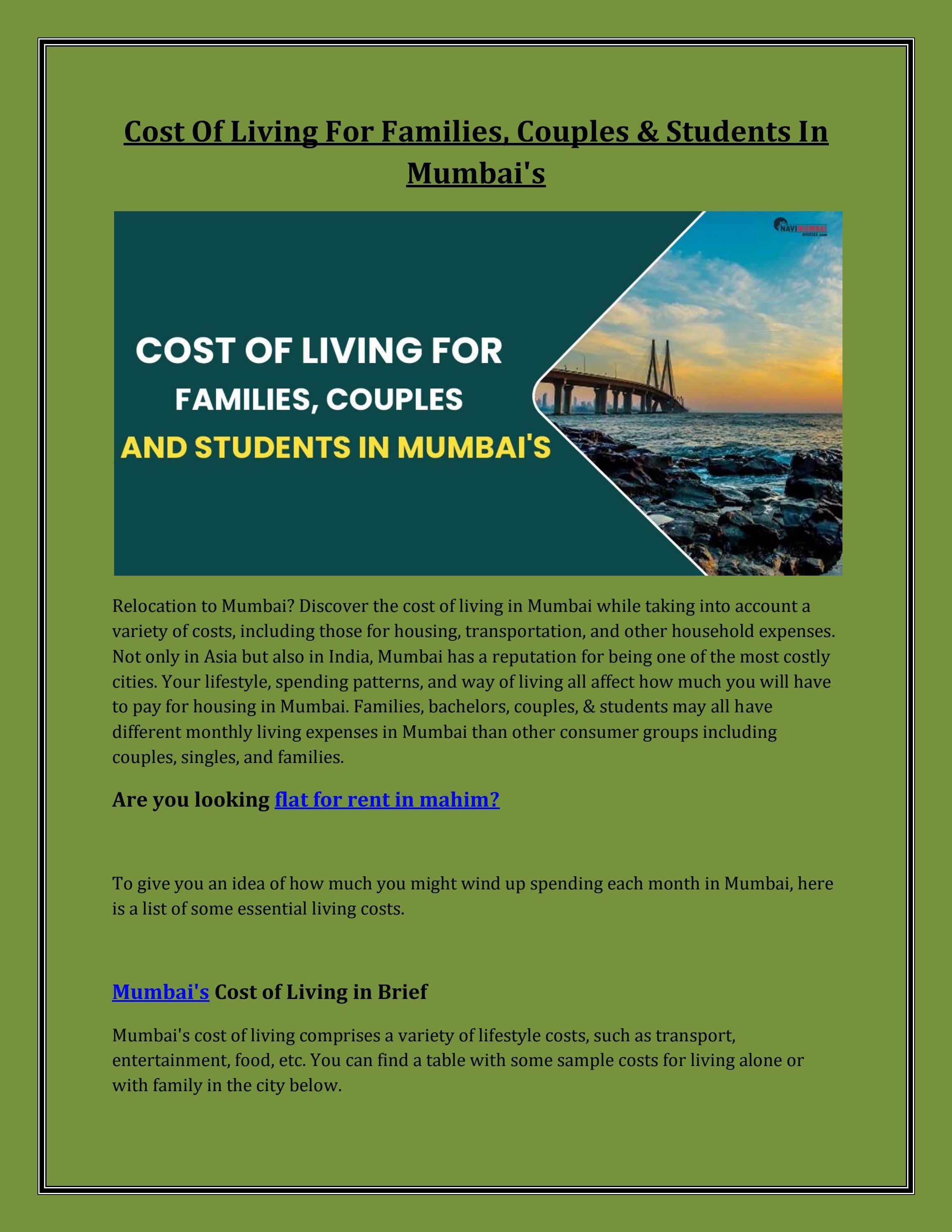 Cost Of Living For Families Couples Students In Mumbai s By Yamuna Cost Of Living For Families Couples Students In Mumbai s By Yamuna