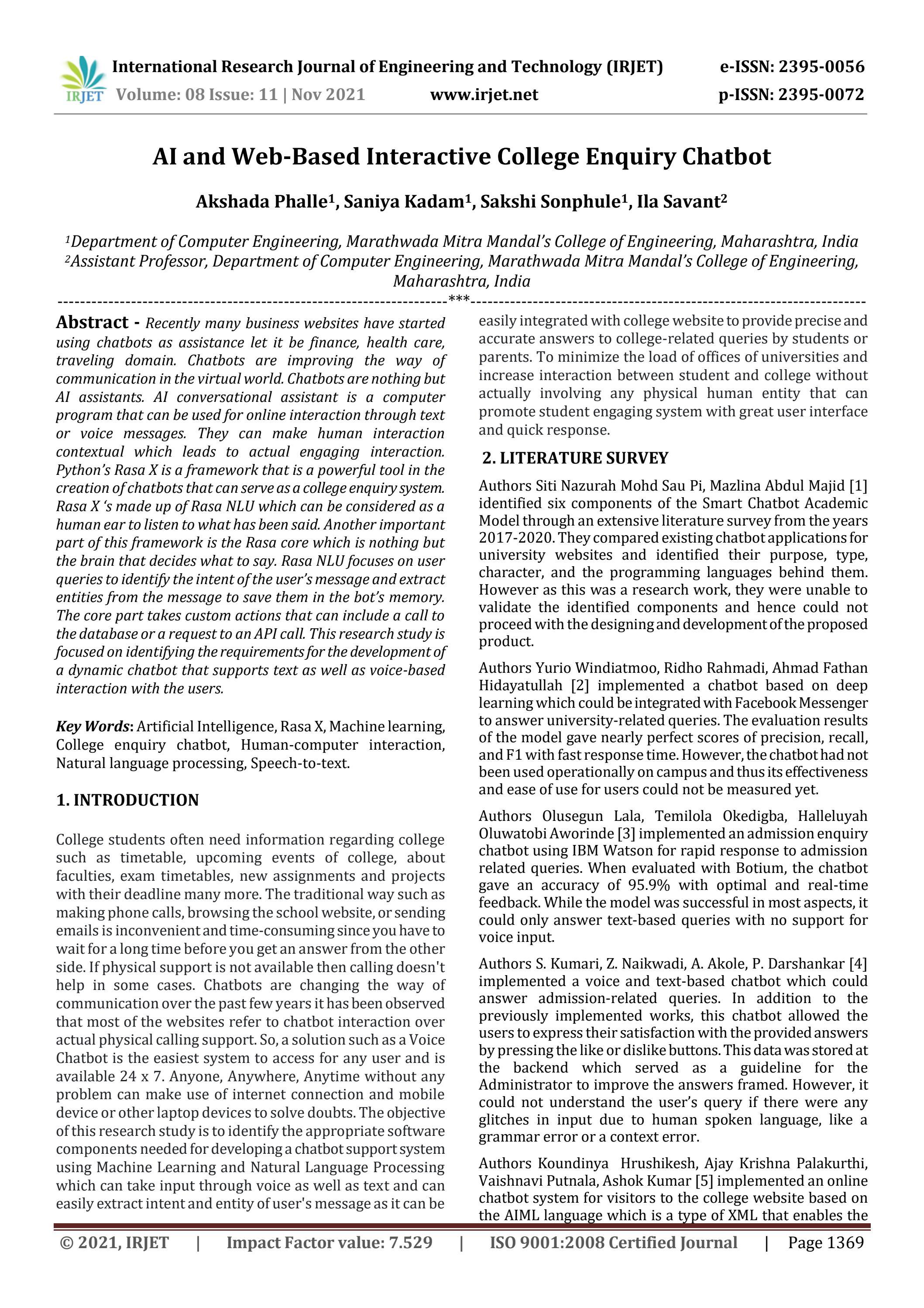 AI and Web-Based Interactive College Enquiry Chatbot by IRJET Journal ...
