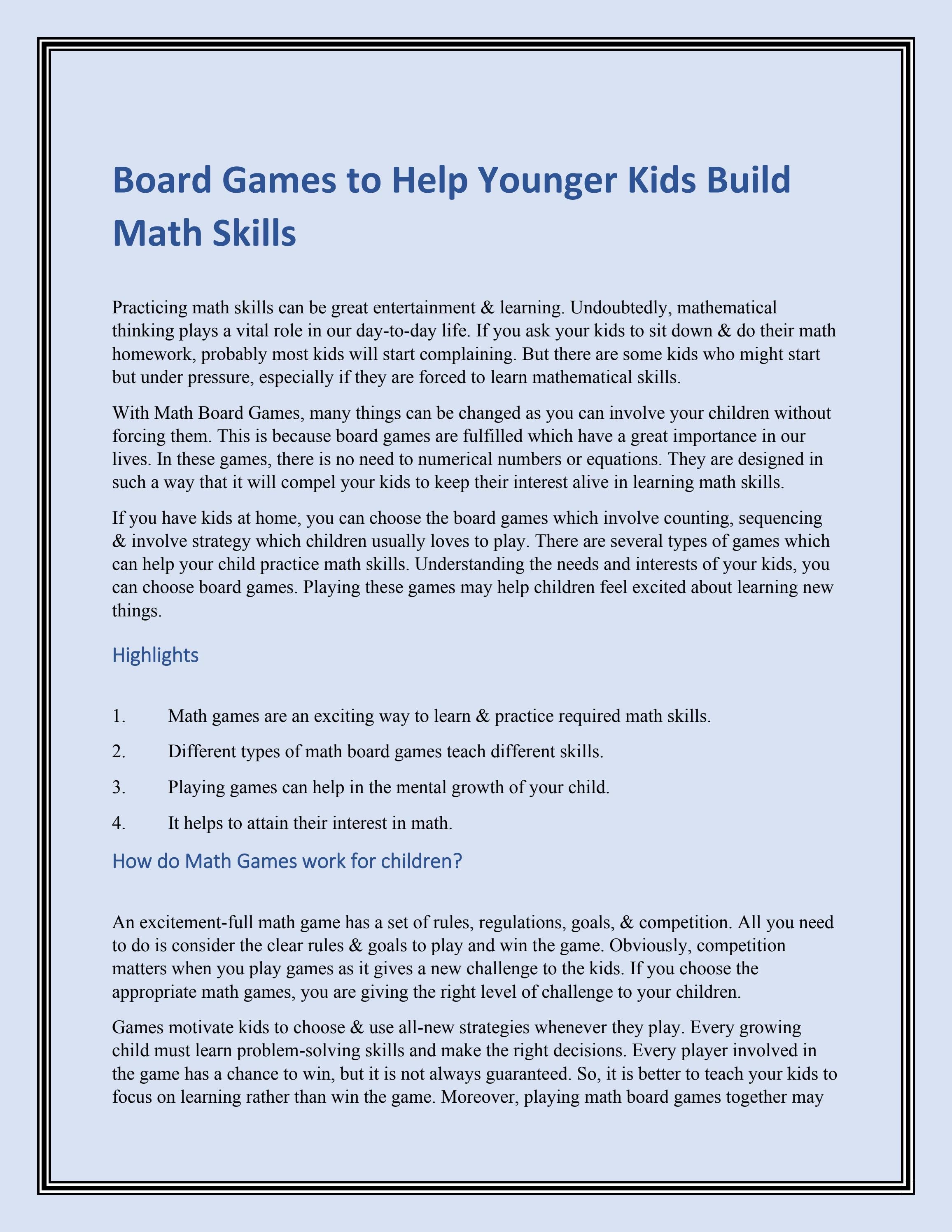 Board Games to Help Younger Kids Build Math Skills by BoardGamesNMore ...