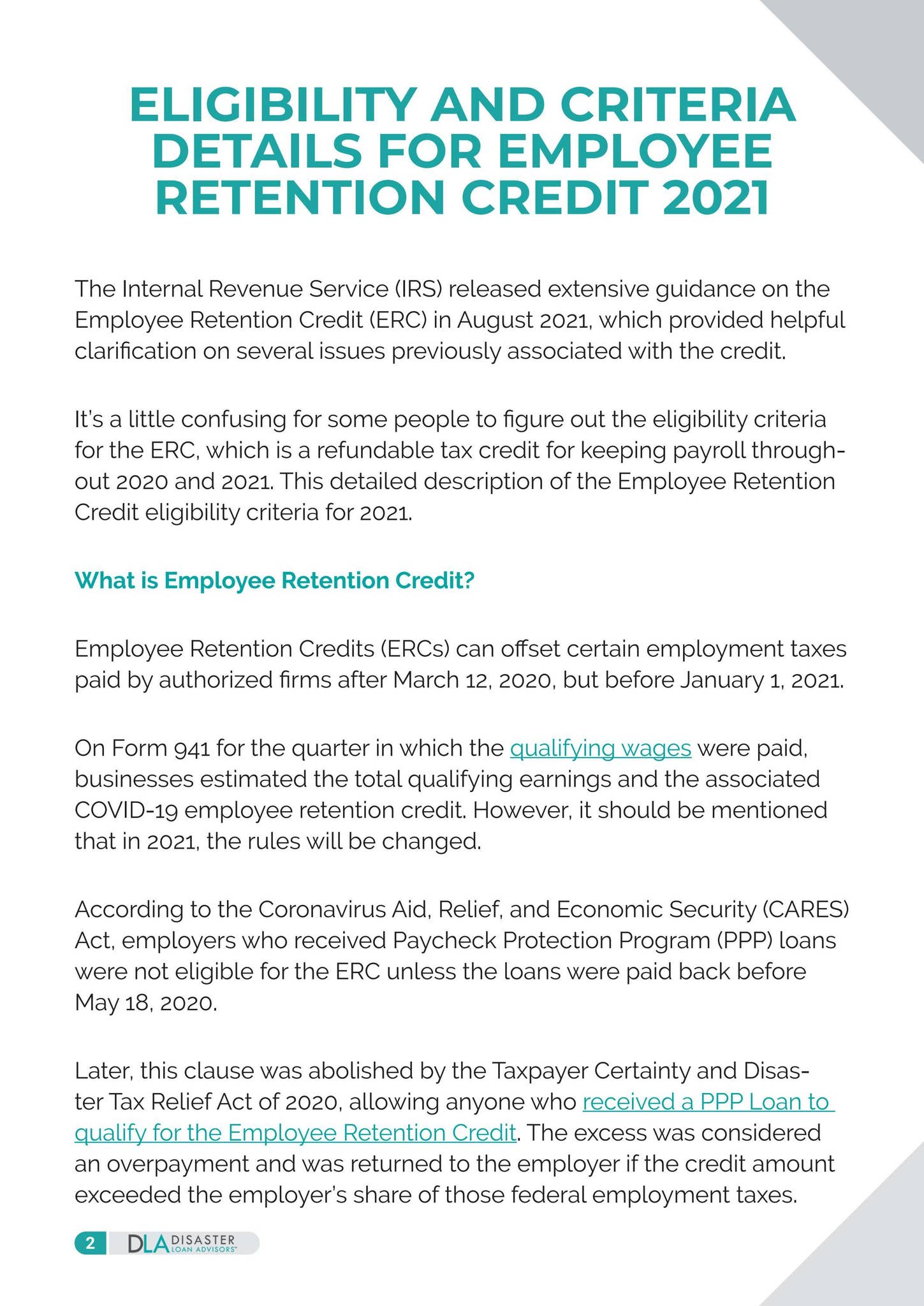 Eligibility and Criteria Details for Employee Retention Credit 2021 by ...
