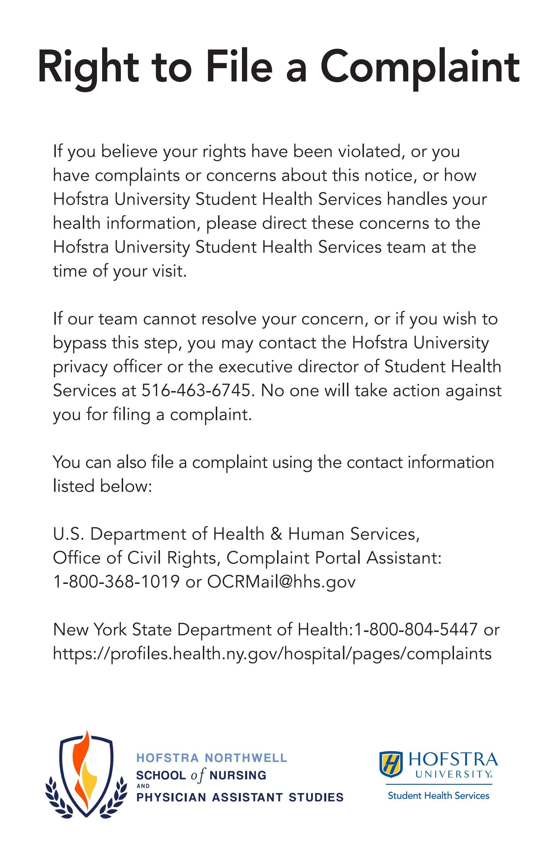 SHS Right to File a Complaint - Hofstra University by Hofstra ...