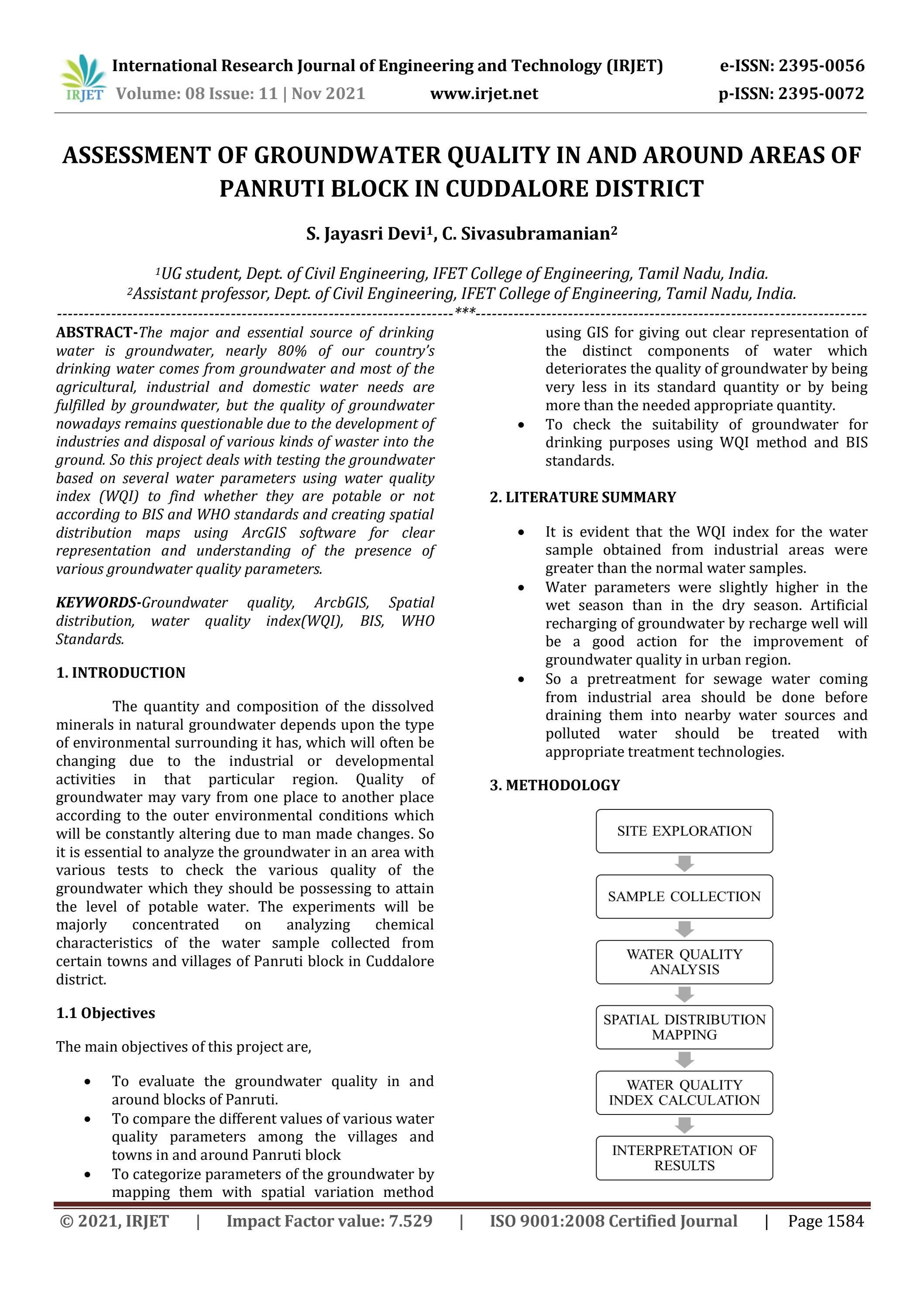 ASSESSMENT OF GROUNDWATER QUALITY IN AND AROUND AREAS OF PANRUTI BLOCK IN CUDDALORE DISTRICT by ...