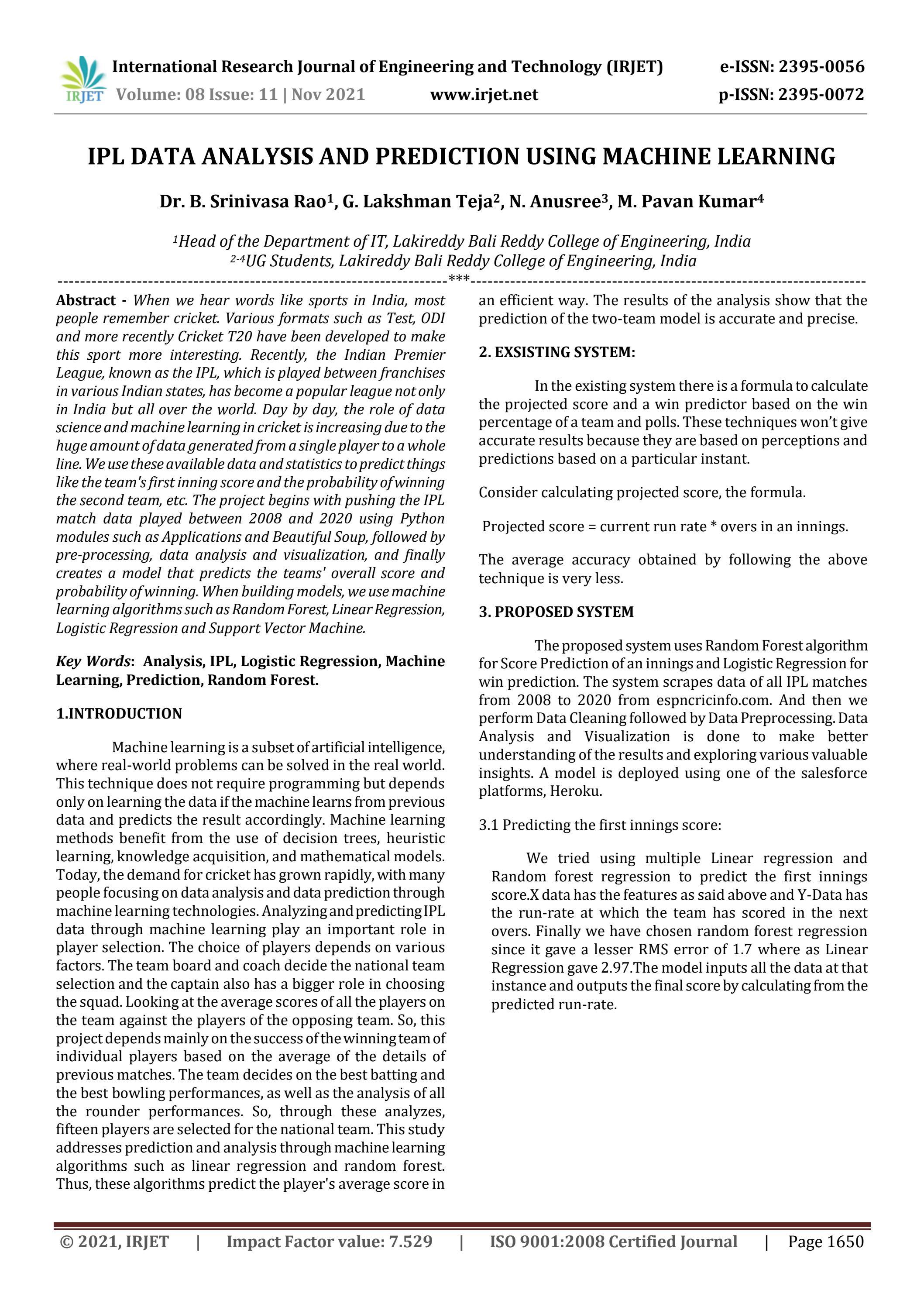 IPL DATA ANALYSIS AND PREDICTION USING MACHINE LEARNING by IRJET ...
