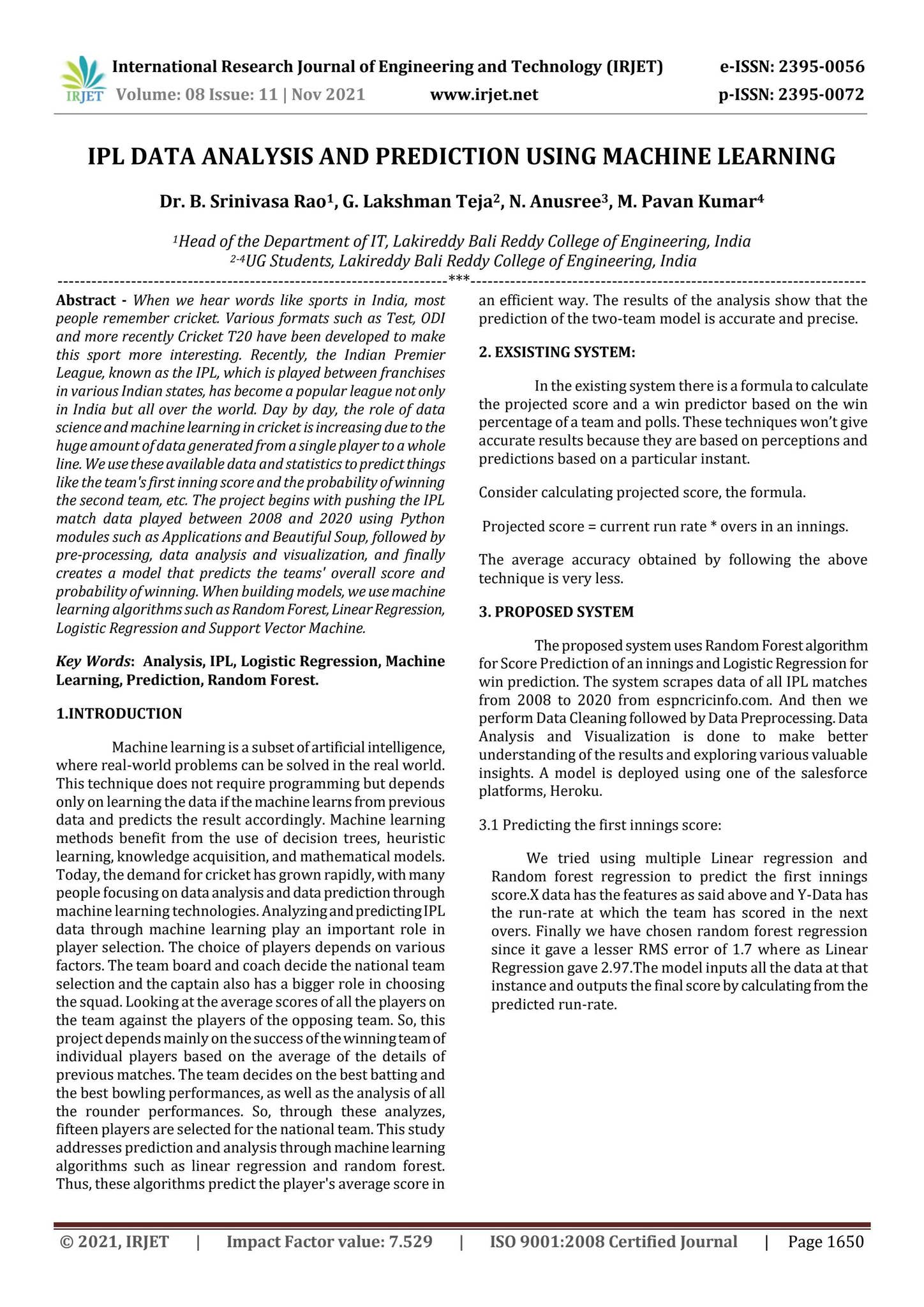 IPL DATA ANALYSIS AND PREDICTION USING MACHINE LEARNING by IRJET ...