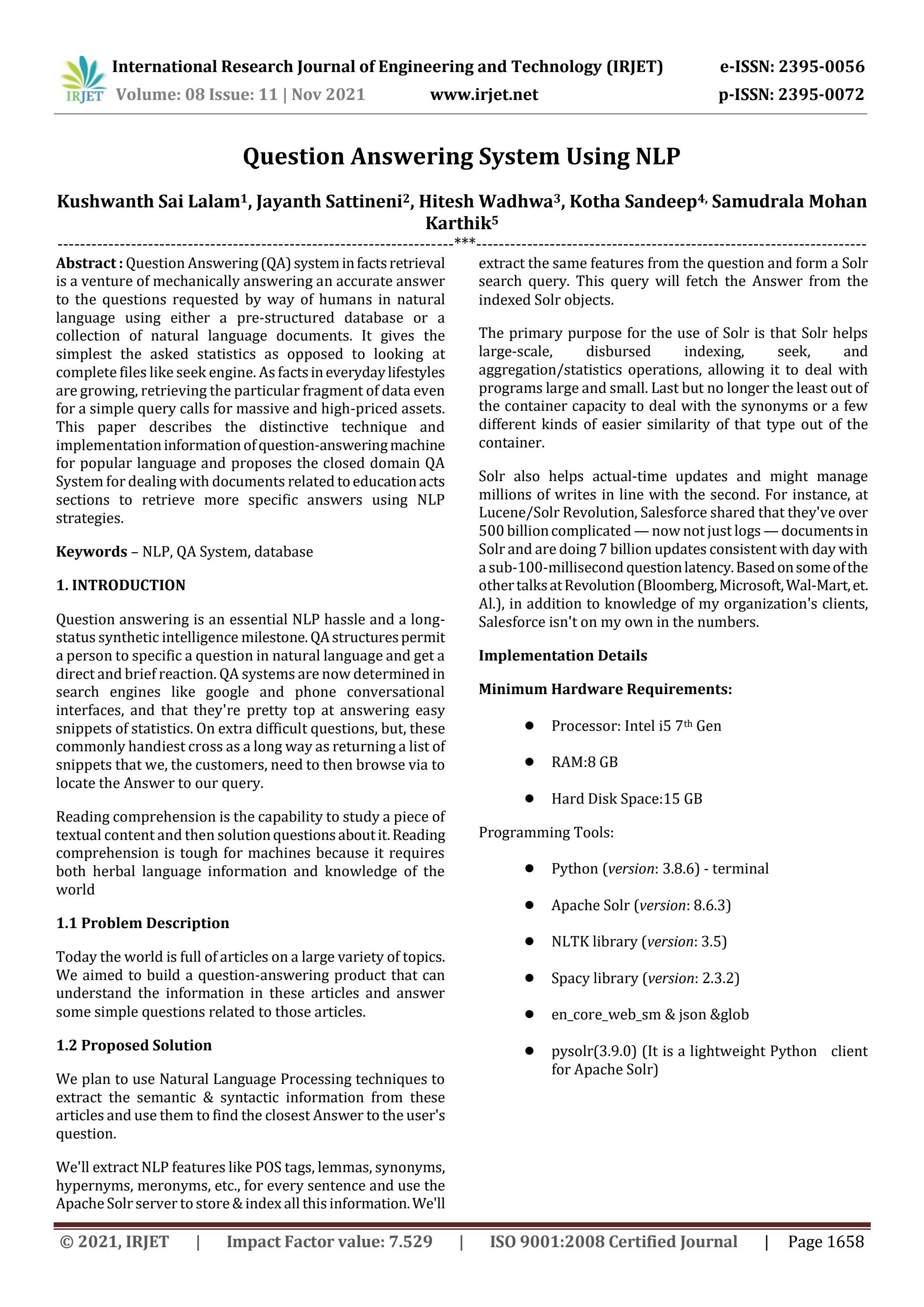 Question Answering System Using NLP by IRJET Journal - Issuu