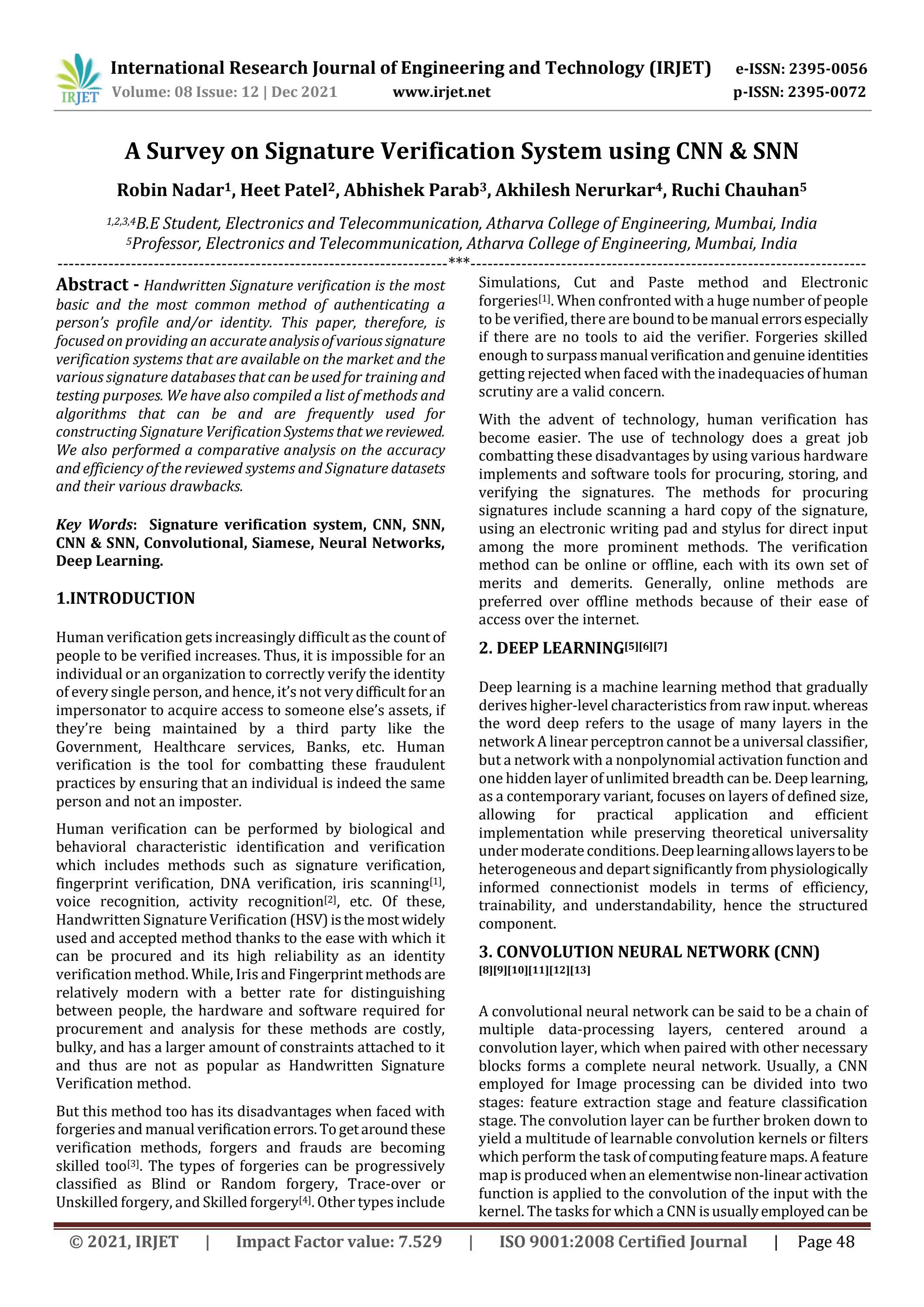 A Survey on Signature Verification System using CNN & SNN by IRJET ...