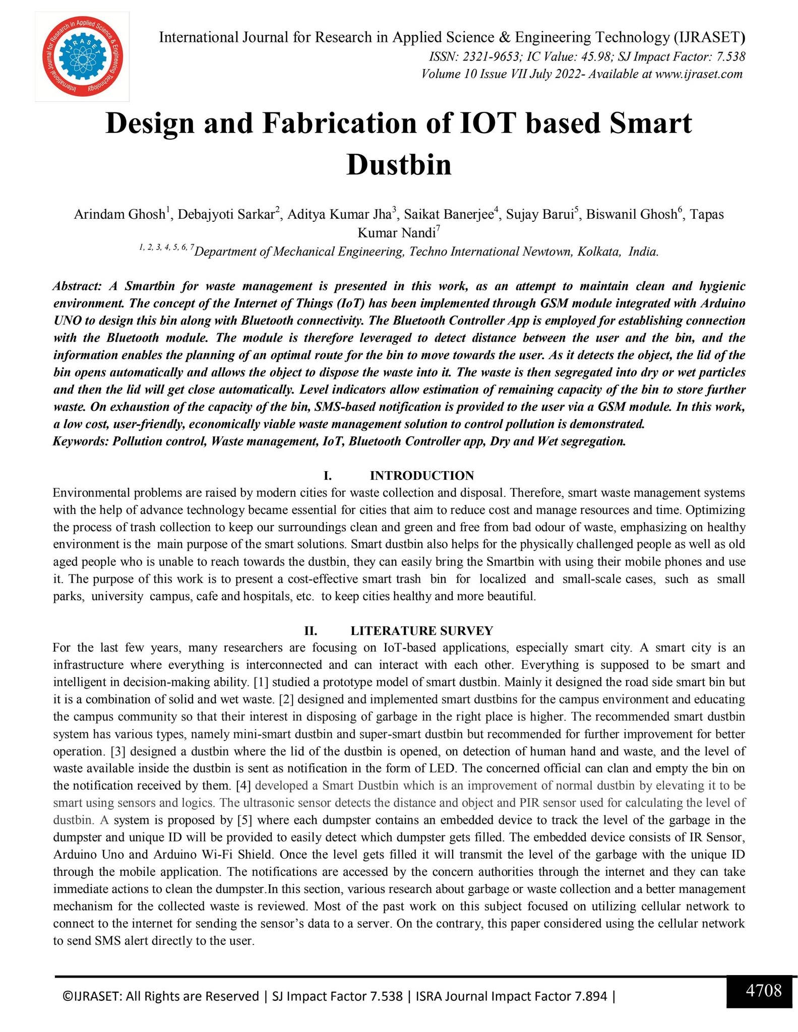 Design and Fabrication of IOT based Smart Dustbin by IJRASET - Issuu