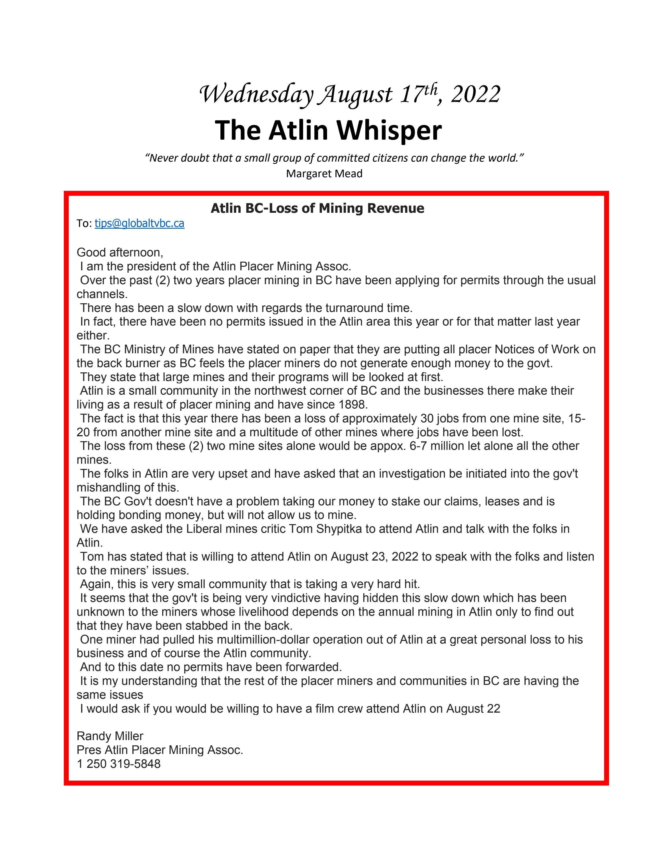 The Atlin Whisper, August 17, 2022 by What's Up Yukon - Issuu