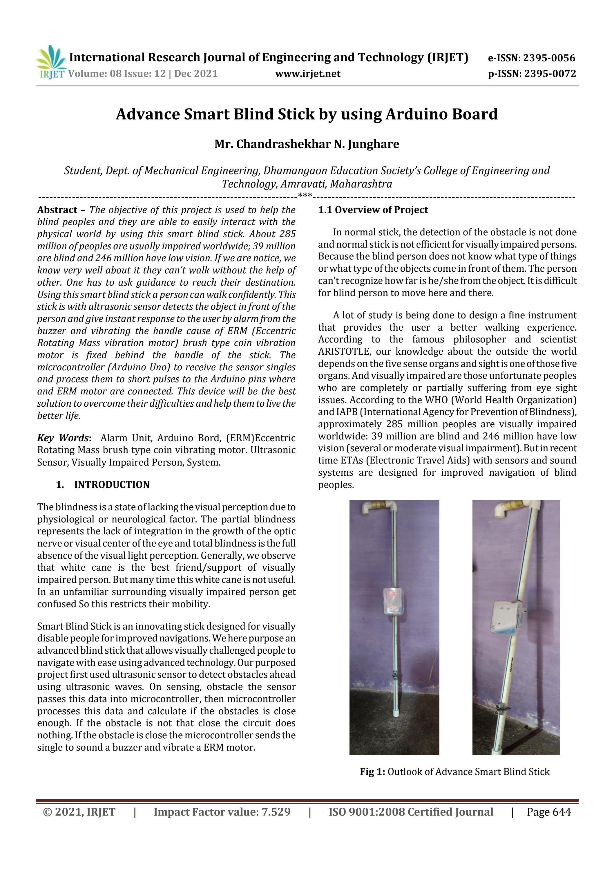 Advance Smart Blind Stick by using Arduino Board by IRJET Journal - Issuu