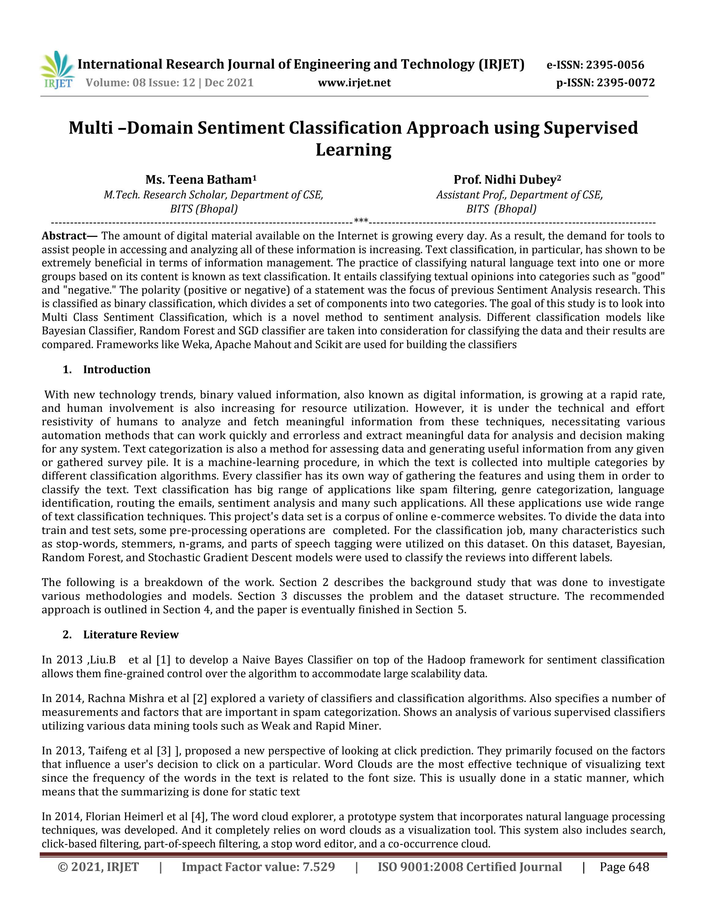 Multi –Domain Sentiment Classification Approach using Supervised Learning by IRJET Journal - Issuu