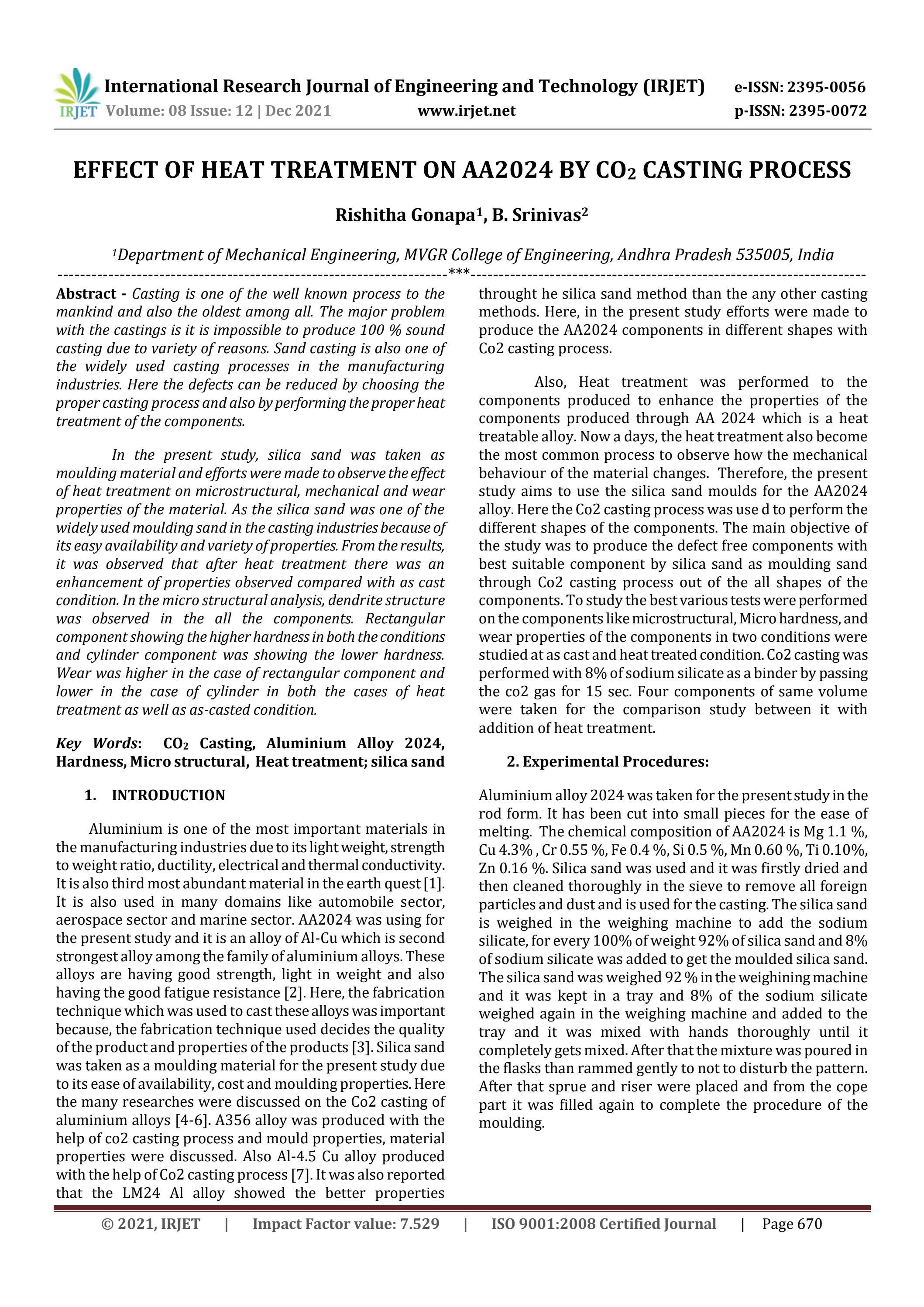 EFFECT OF HEAT TREATMENT ON AA2024 BY CO2 CASTING PROCESS by IRJET ...