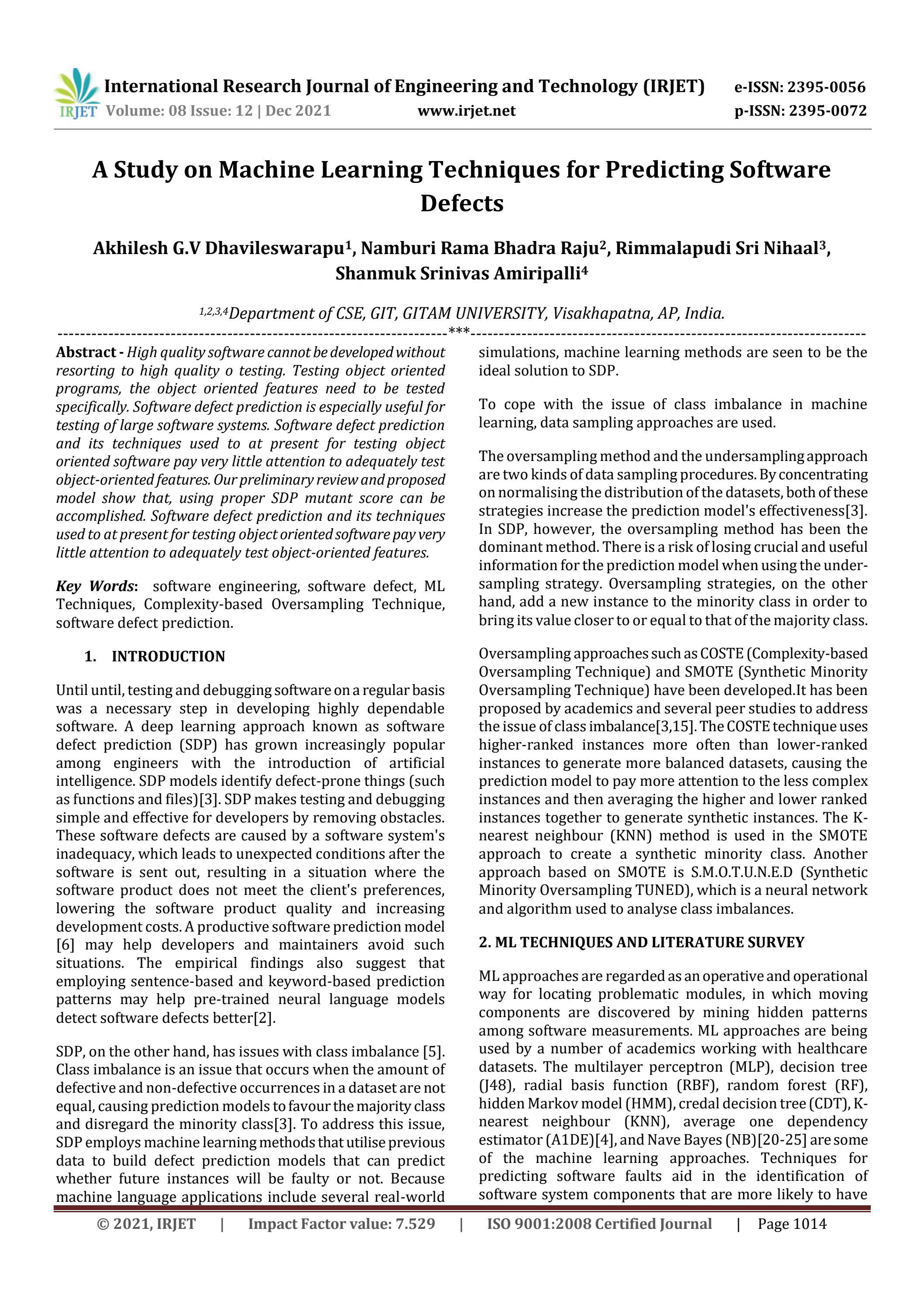 A Study on Machine Learning Techniques for Predicting Software Defects by IRJET Journal - Issuu