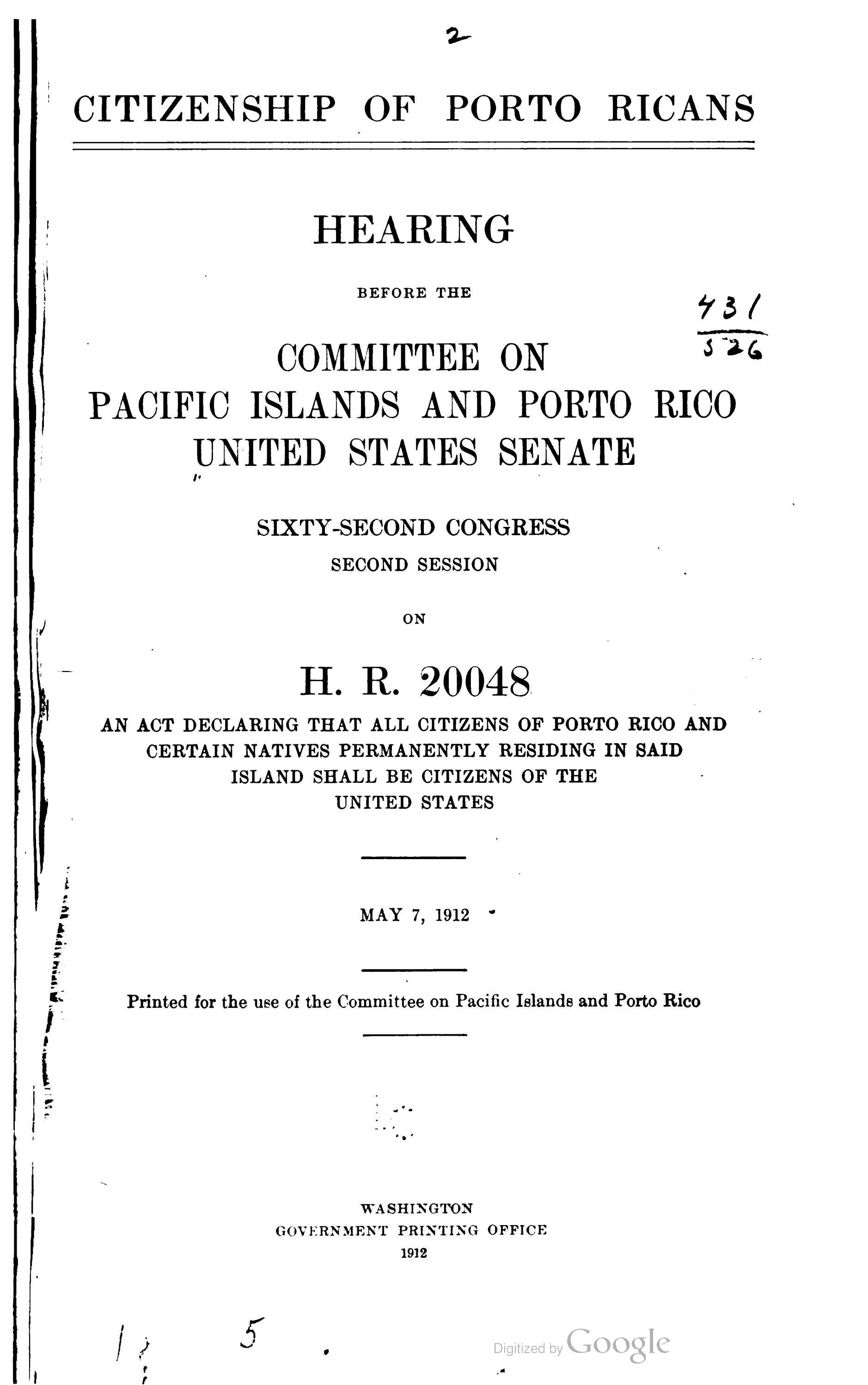 US Senate Hearing Over Citizenship of Porto Ricans (1912) by Adelante ...