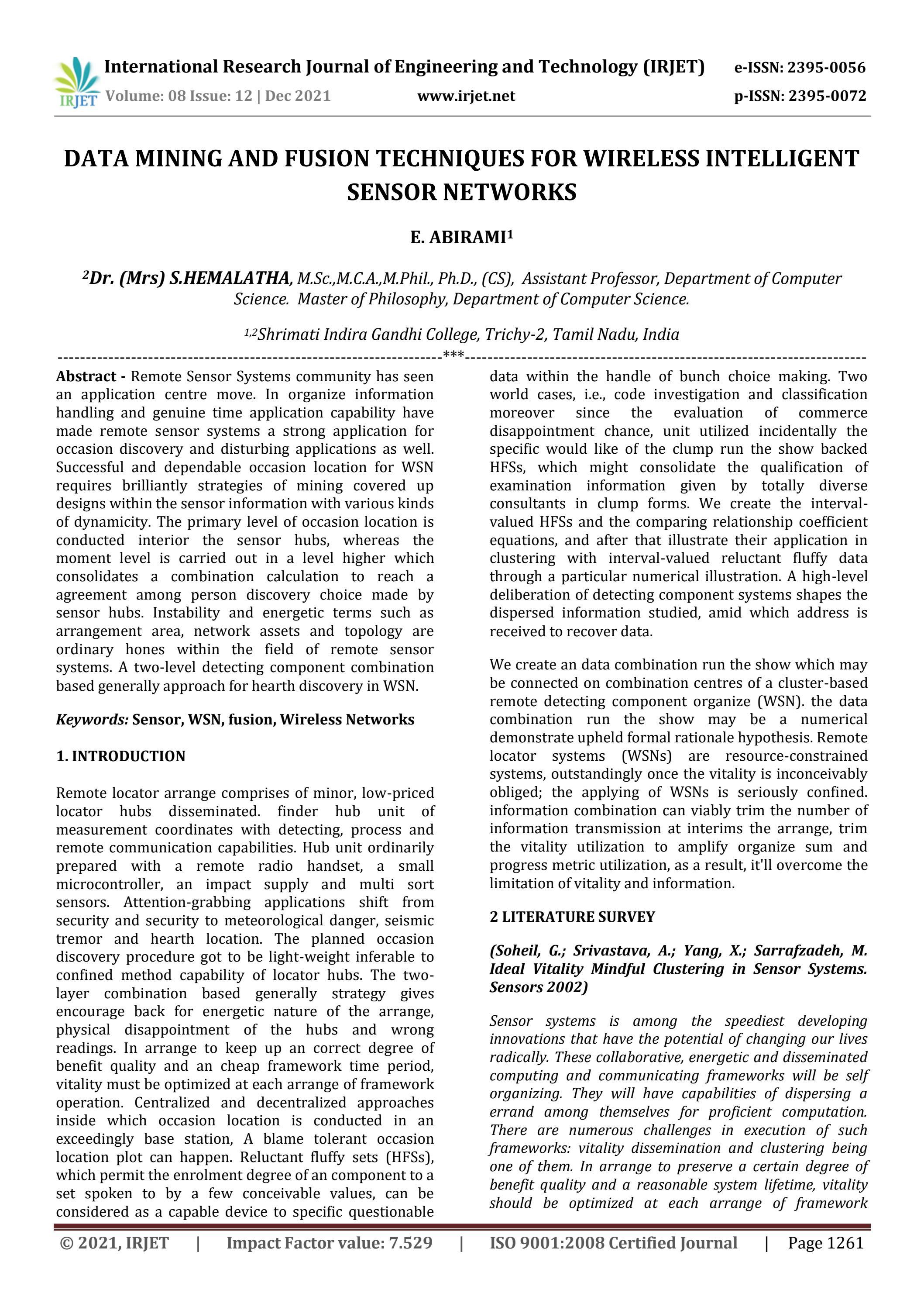 DATA MINING AND FUSION TECHNIQUES FOR WIRELESS INTELLIGENT SENSOR ...
