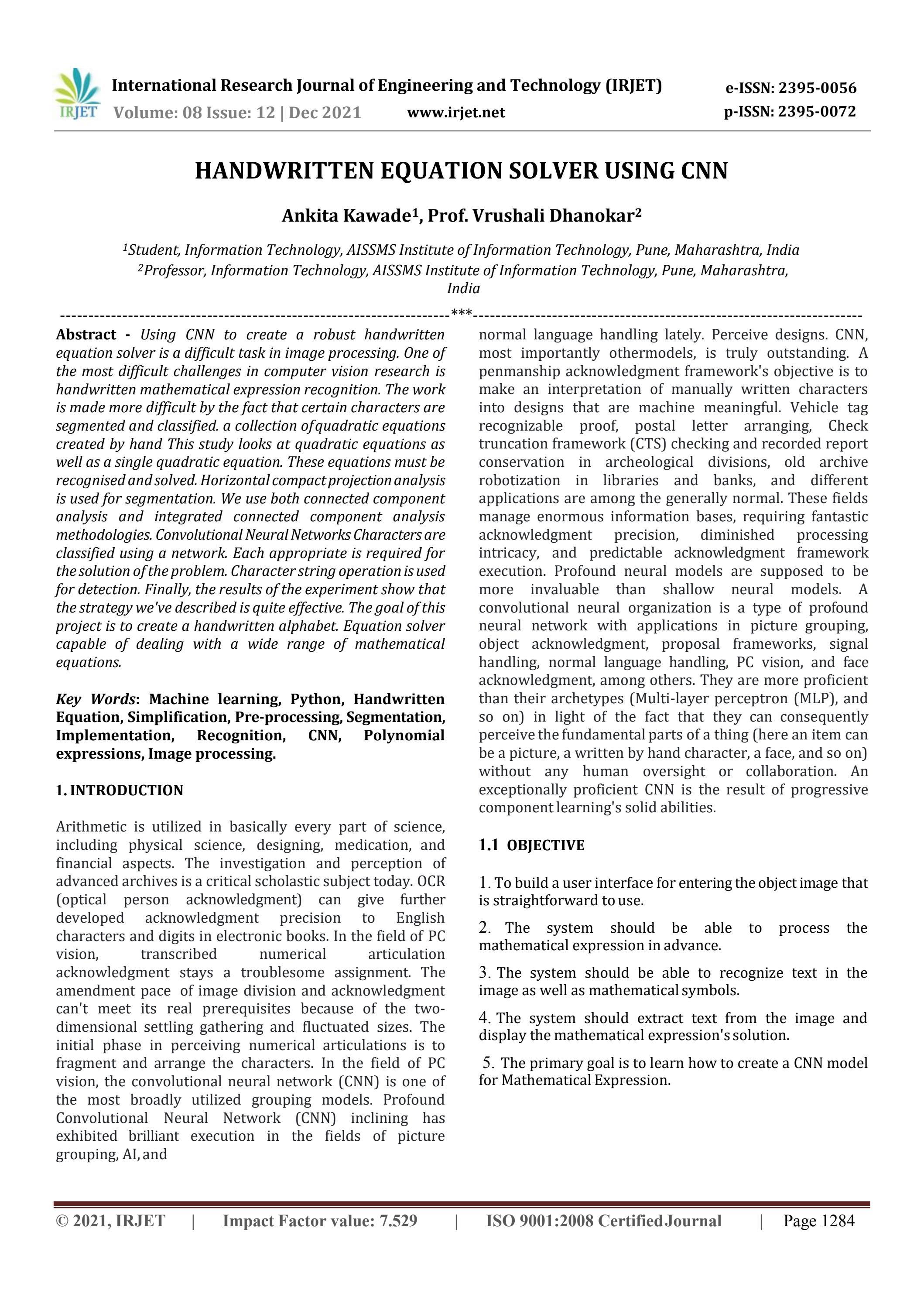 HANDWRITTEN EQUATION SOLVER USING CNN by IRJET Journal - Issuu