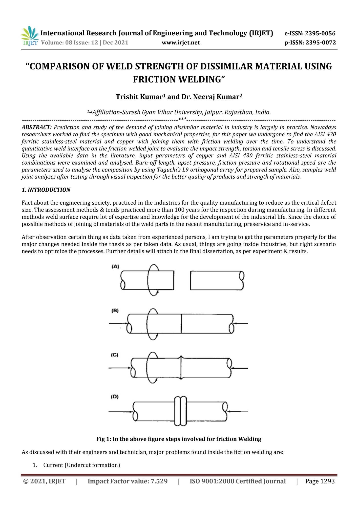 “COMPARISON OF WELD STRENGTH OF DISSIMILAR MATERIAL USING FRICTION ...