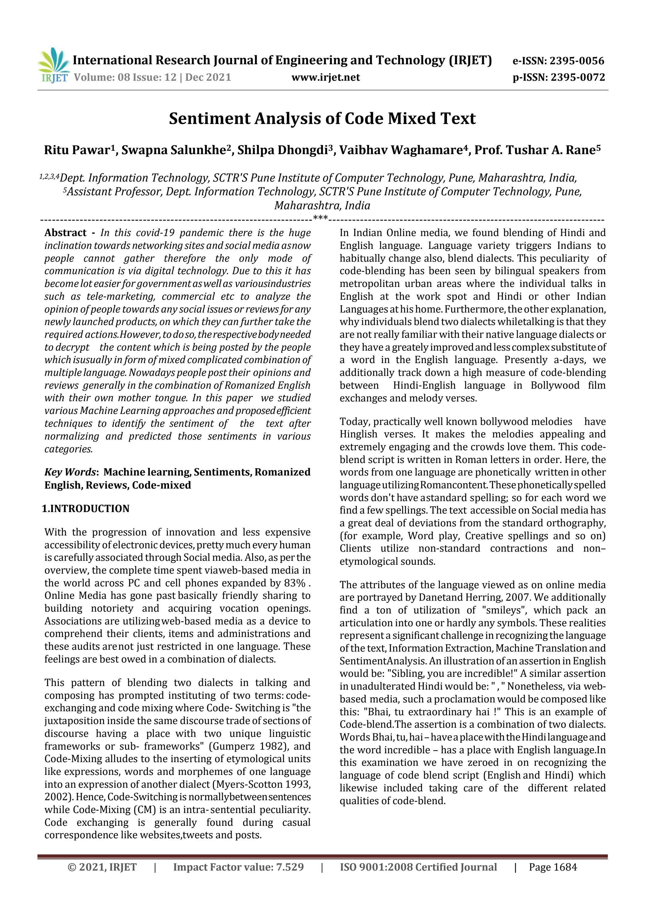 Sentiment Analysis of Code Mixed Text by IRJET Journal - Issuu