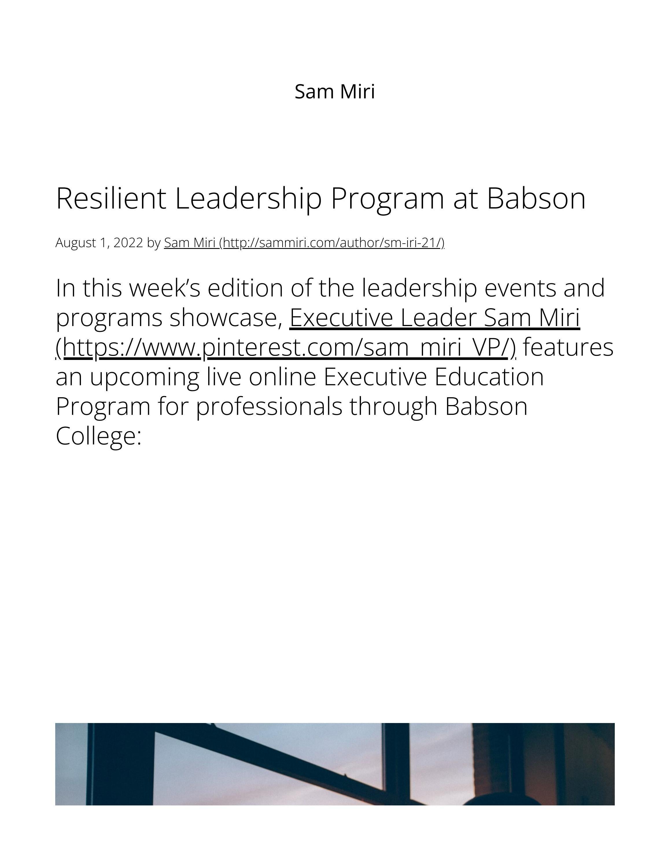 Resilient Leadership Program at Babson by Sam Miri - Issuu
