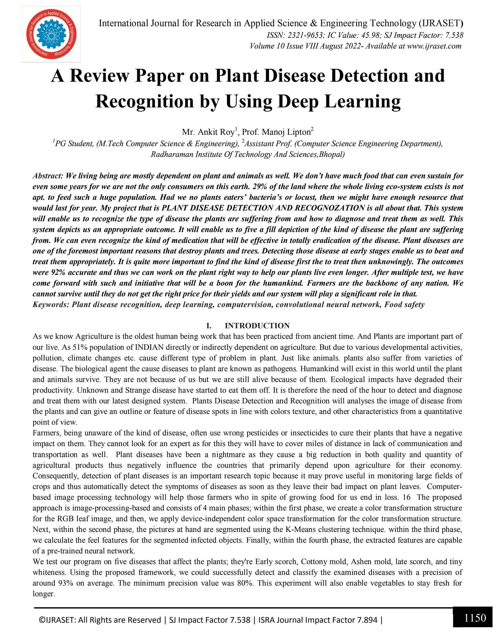 A Review Paper on Plant Disease Detection and Recognition by Using Deep Learning by IJRASET - Issuu
