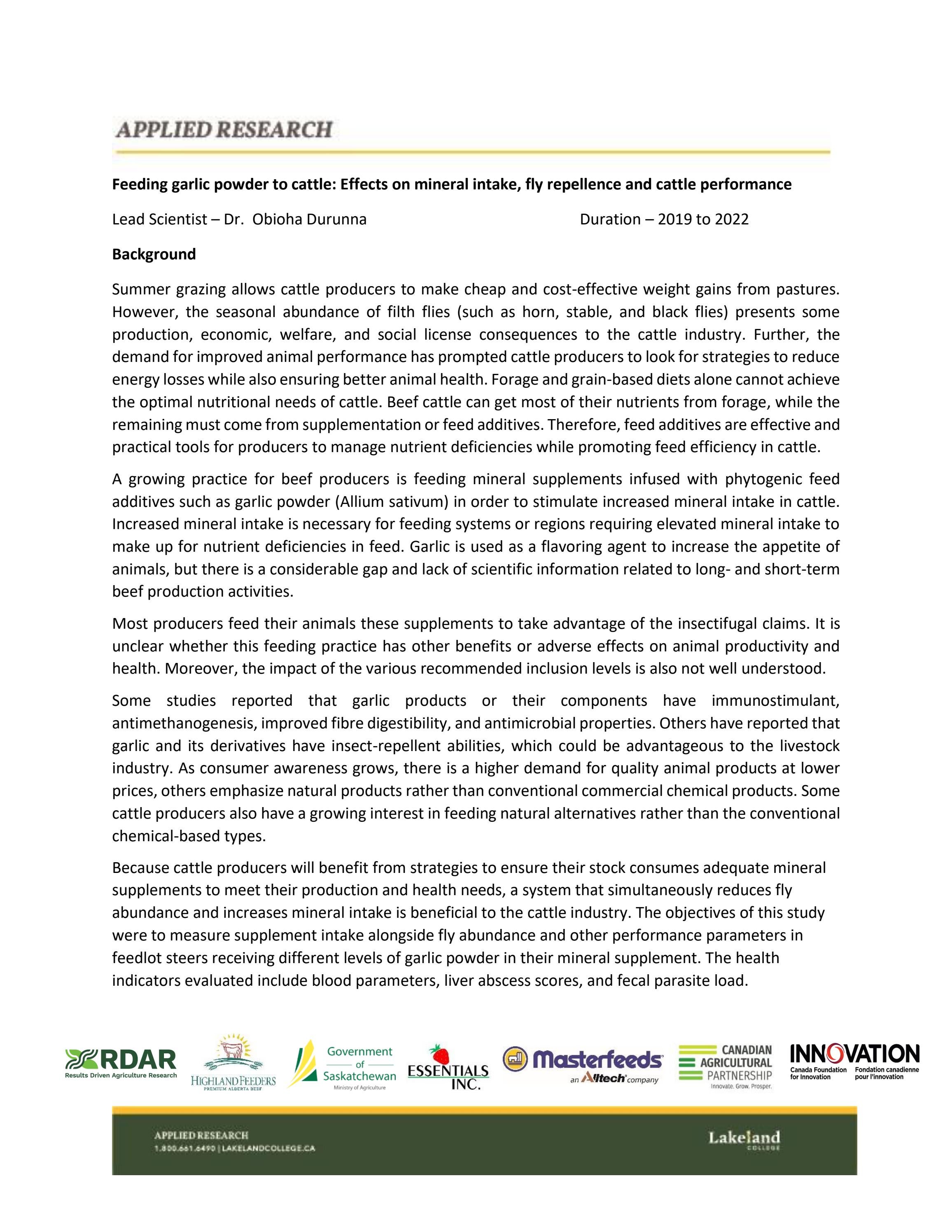 Feeding Garlic Powder to Cattle Project - Lakeland College Applied ...