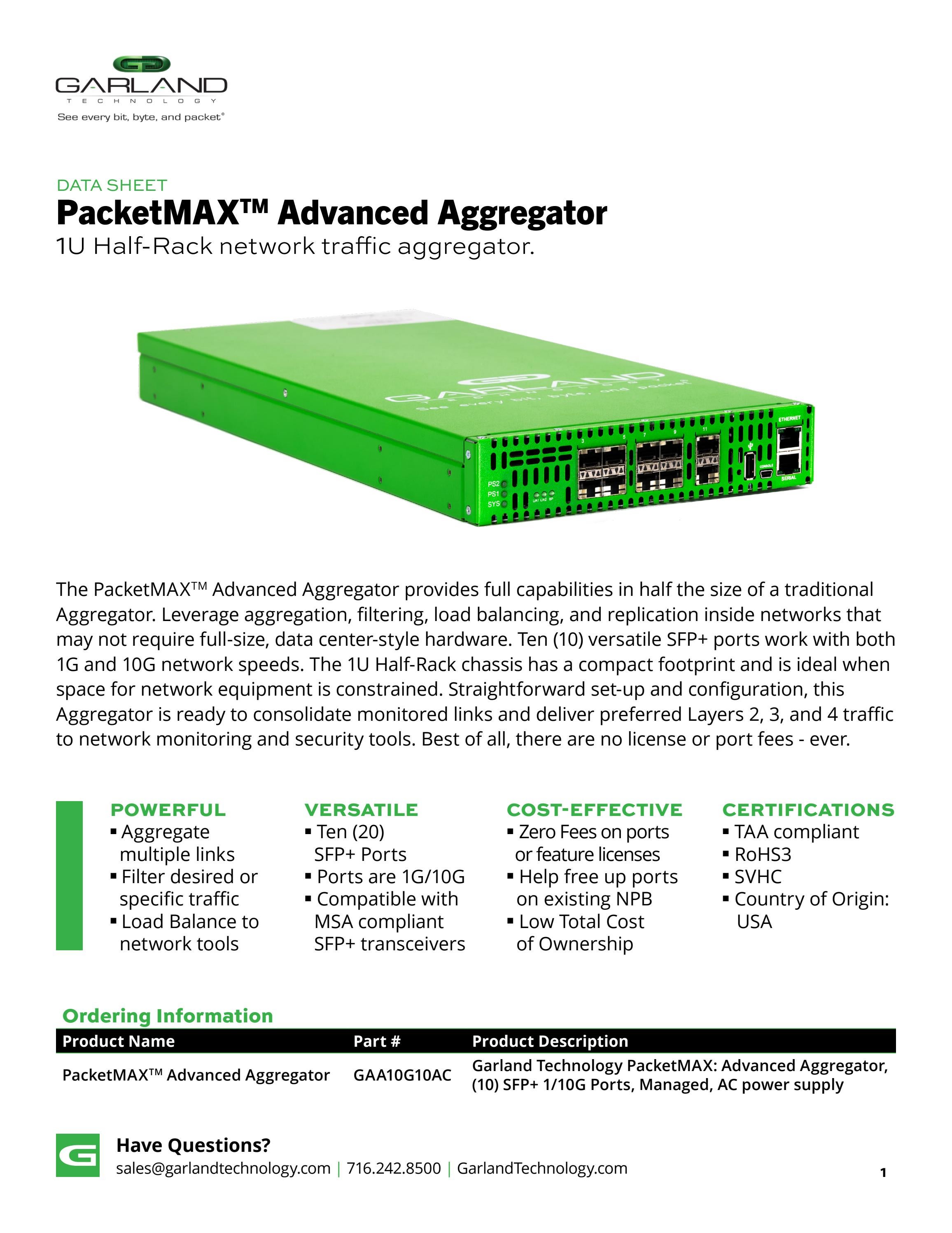 PacketMAX™ Advanced Aggregator 1U Half-Rack Data Sheet by Garland ...