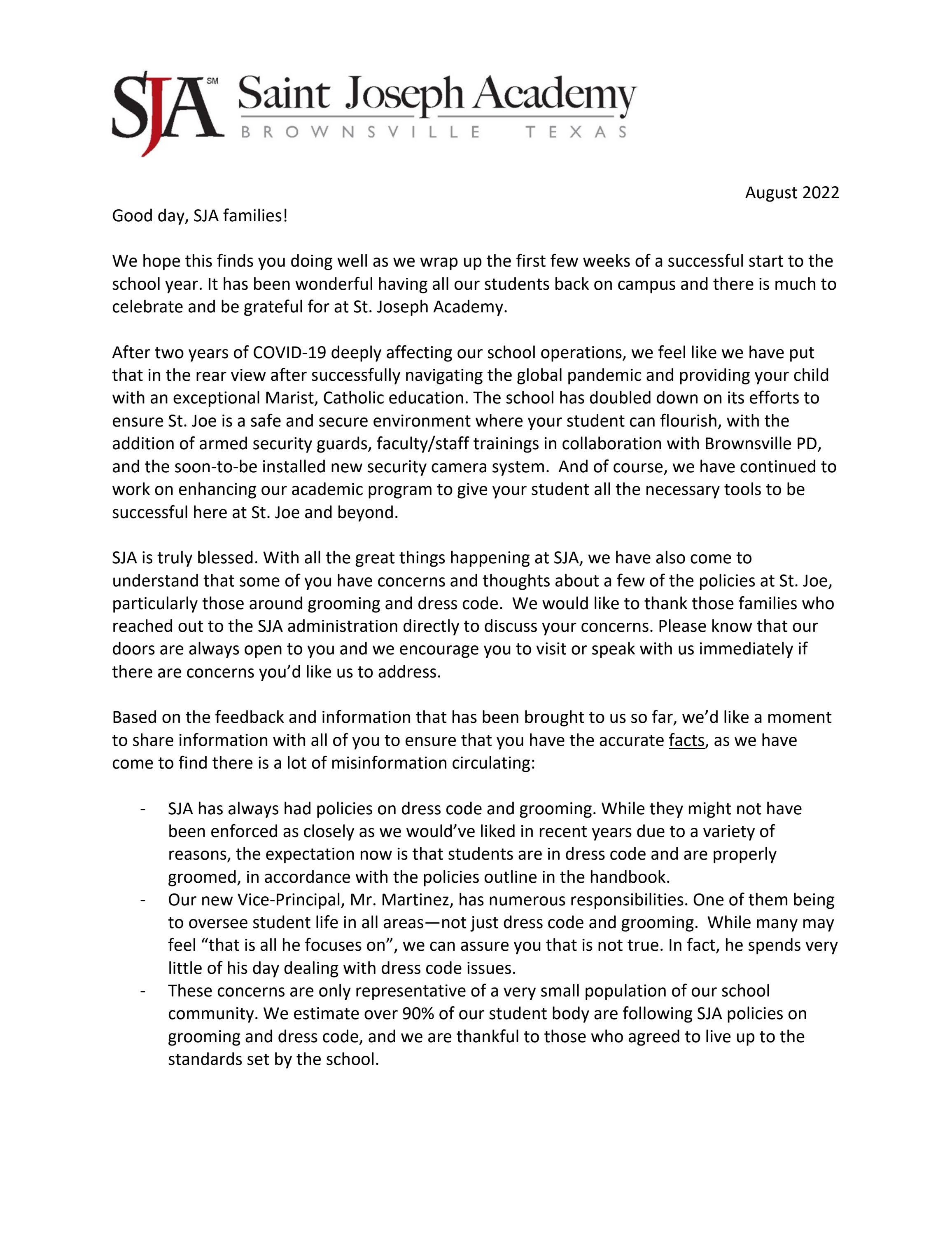 SJA Family Letter_Policies by St. Joseph Academy - Issuu
