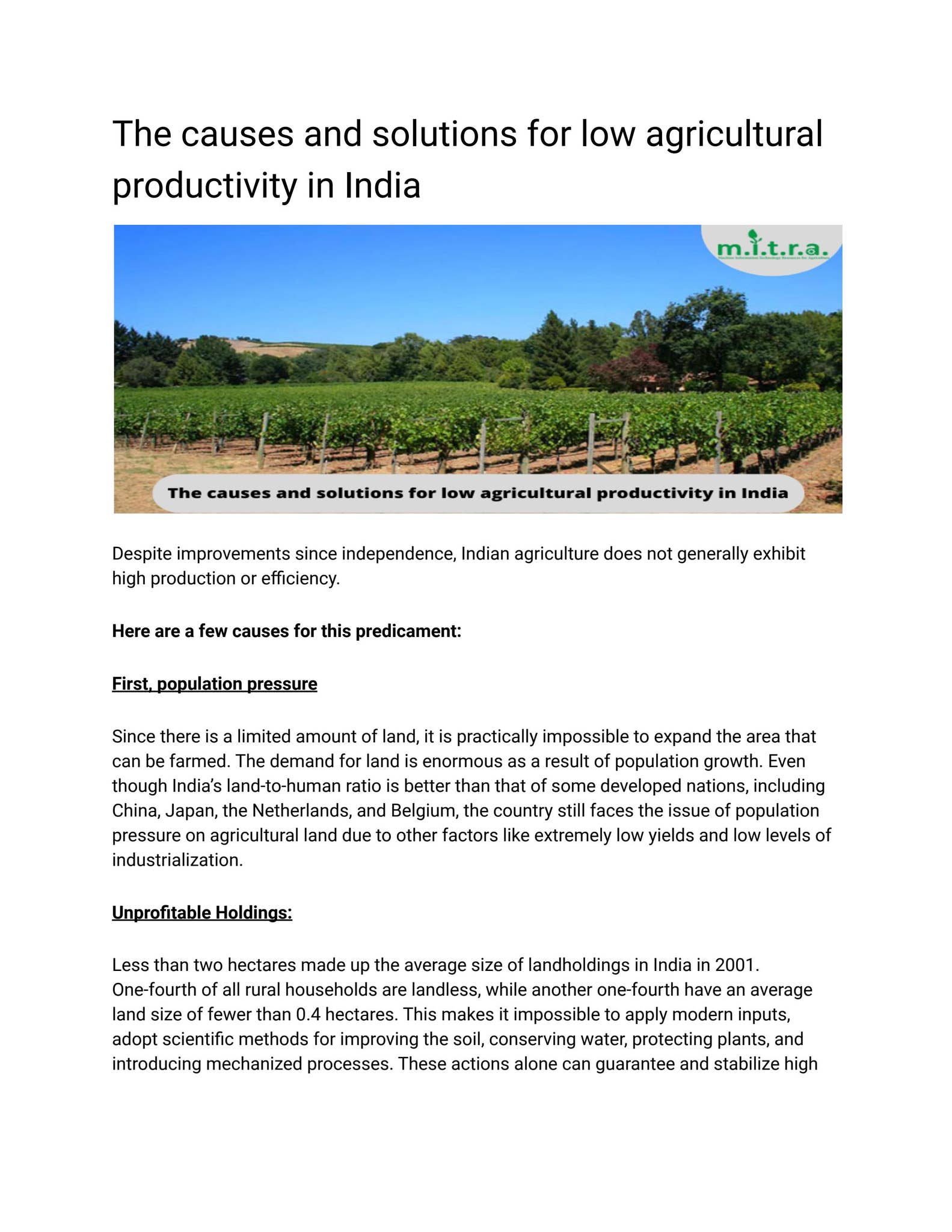 The causes and solutions for low agricultural productivity in India by ...