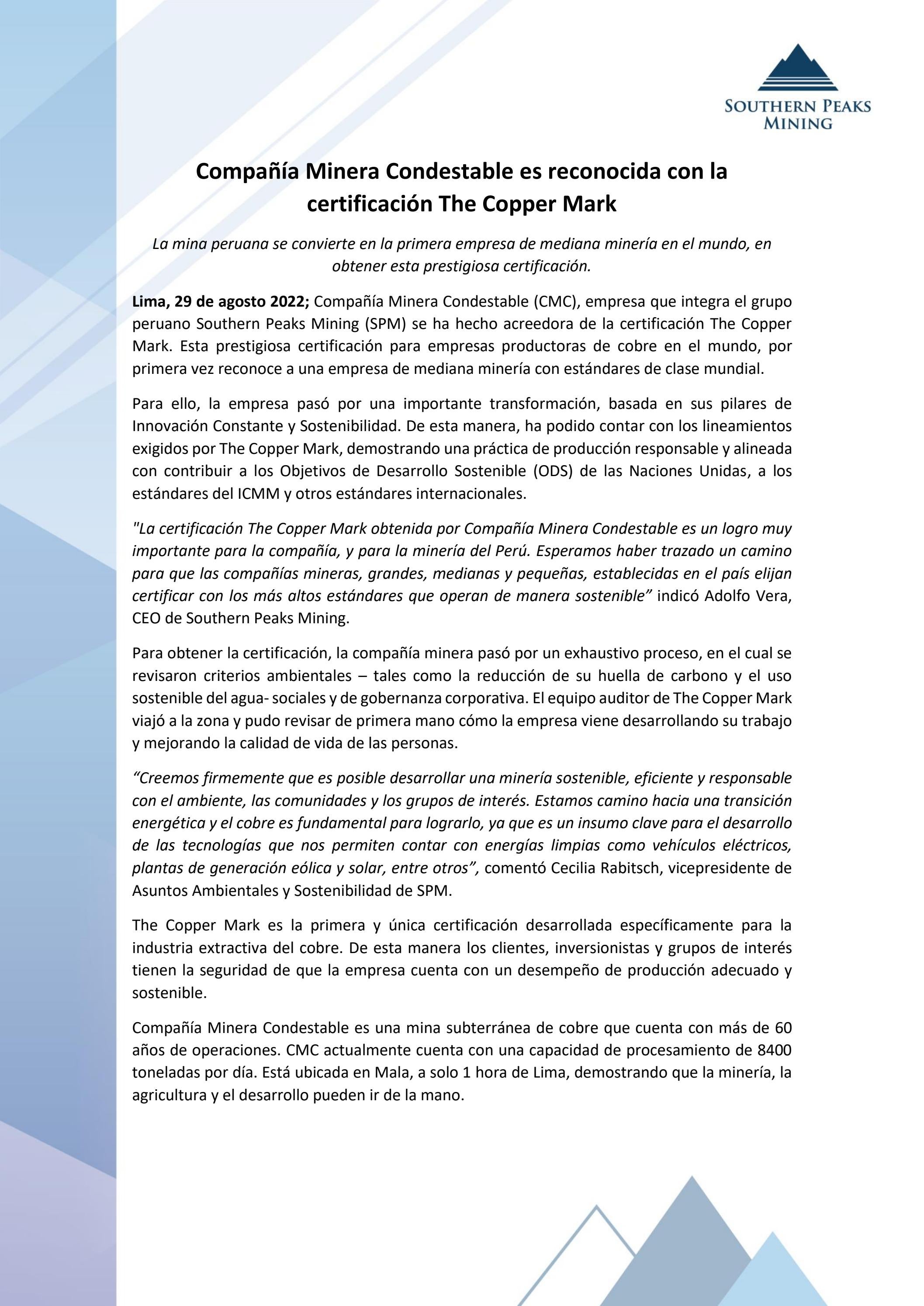 COMPAÑÍA MINERA CONDESTABLE ES RECONOCIDA CON LA CERTIFICACIÓN THE ...