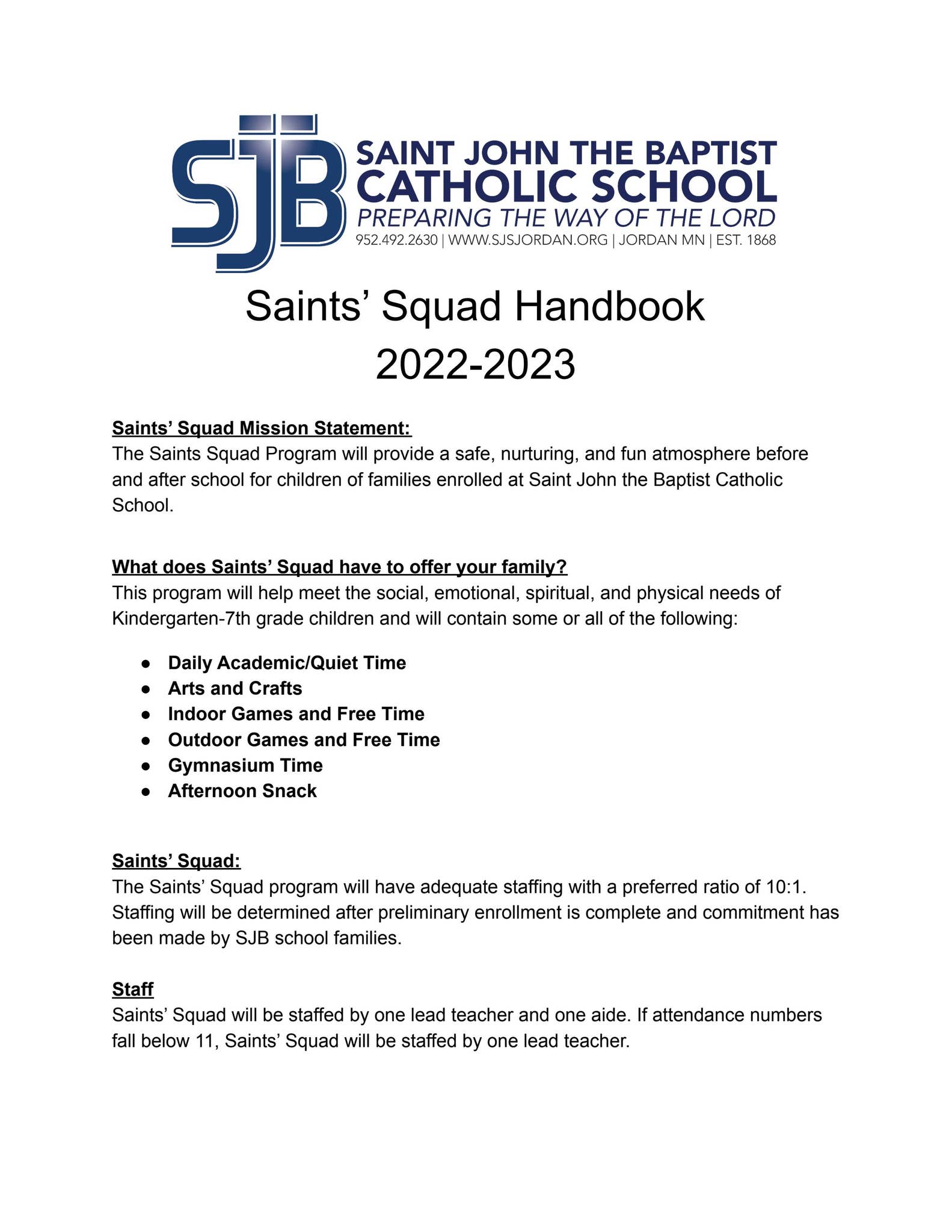 2022-2023 Saint's Squad Before/After School Care Handbook by Father ...