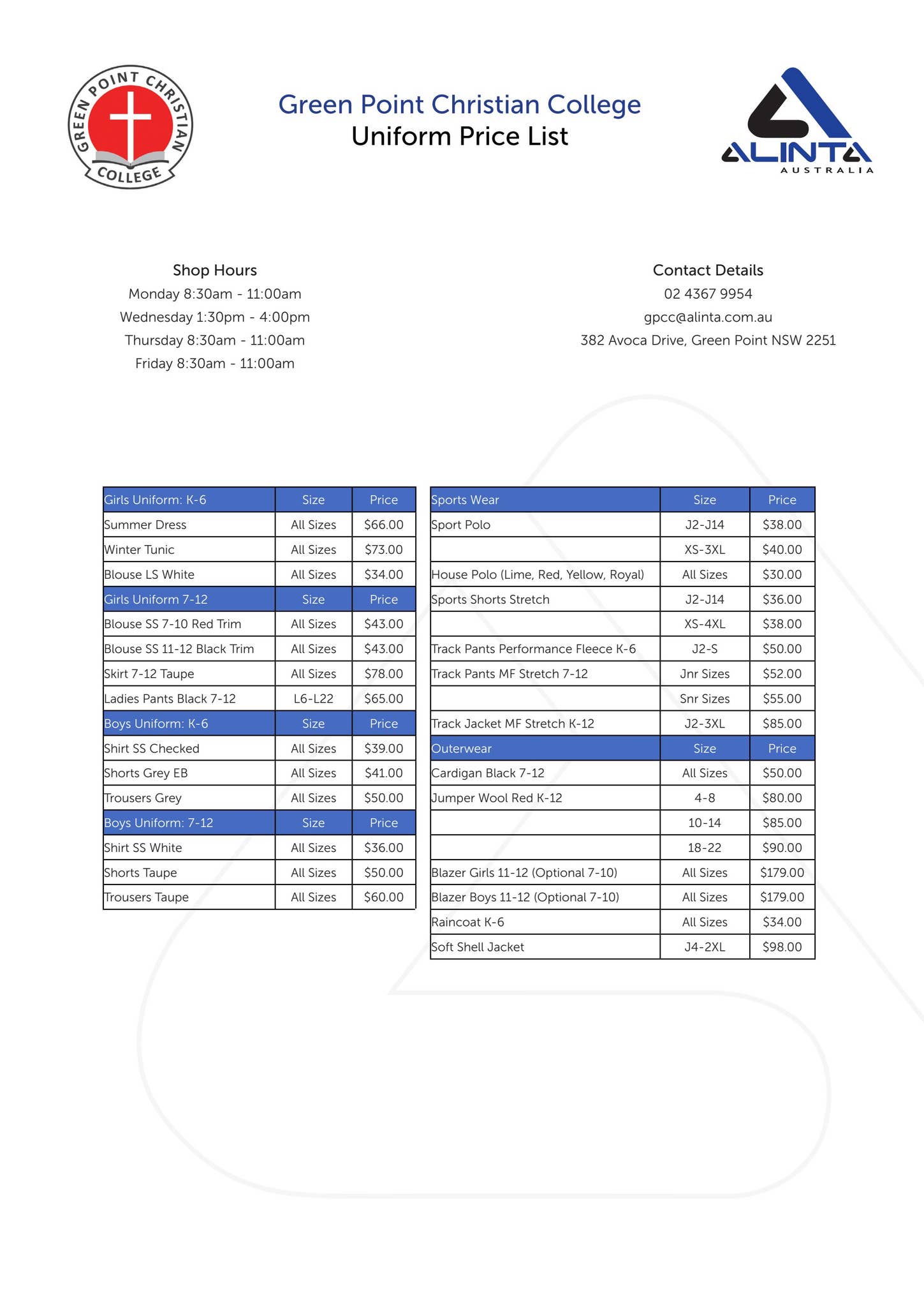 GPCC Uniform Price List - 1 September 2022 by Green Point Christian ...