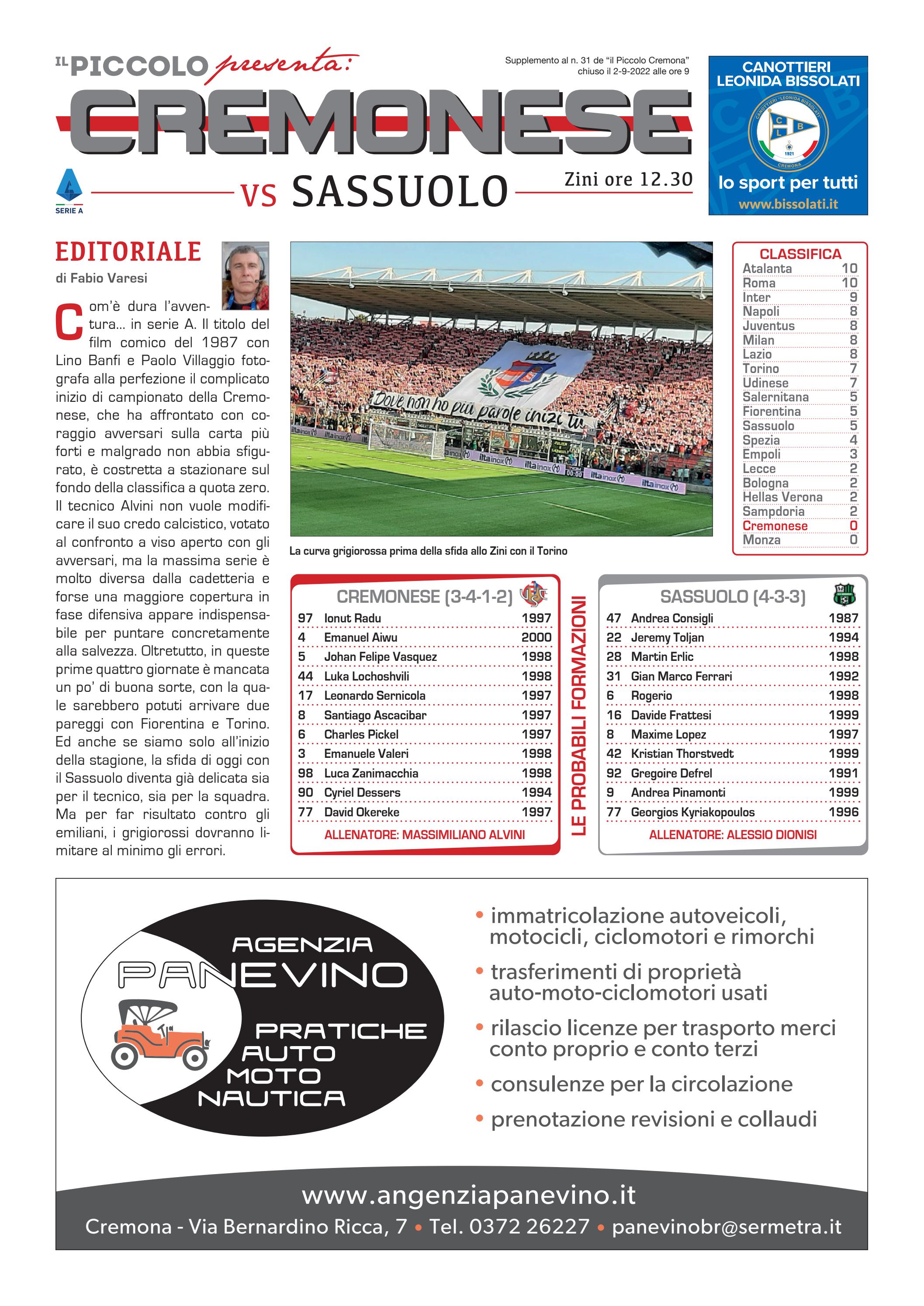 Magazine serie A - Cremonese vs Sassuolo by Il Piccolo Cremona - Issuu