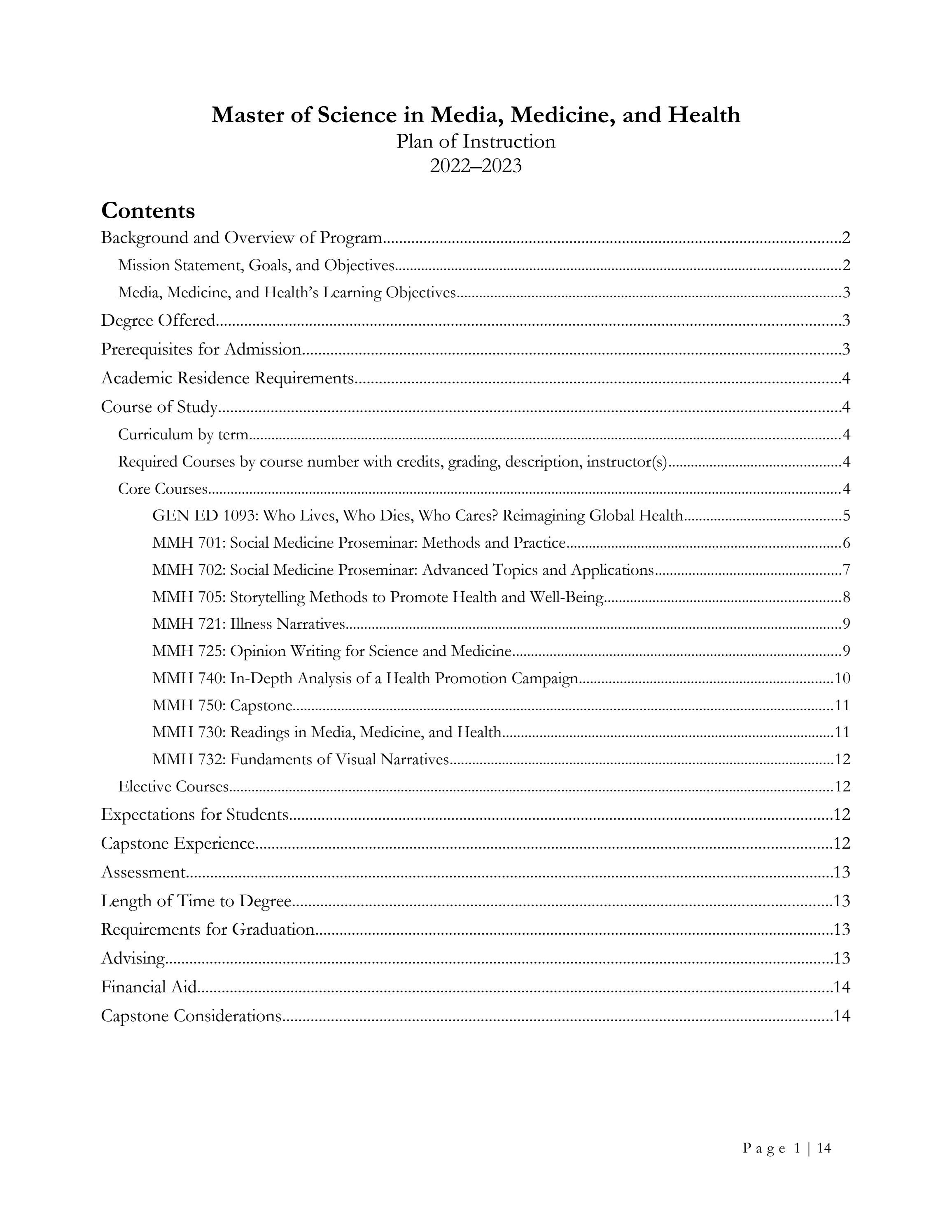 MMH Plan of Instruction by Harvard Medical School Office for Graduate ...