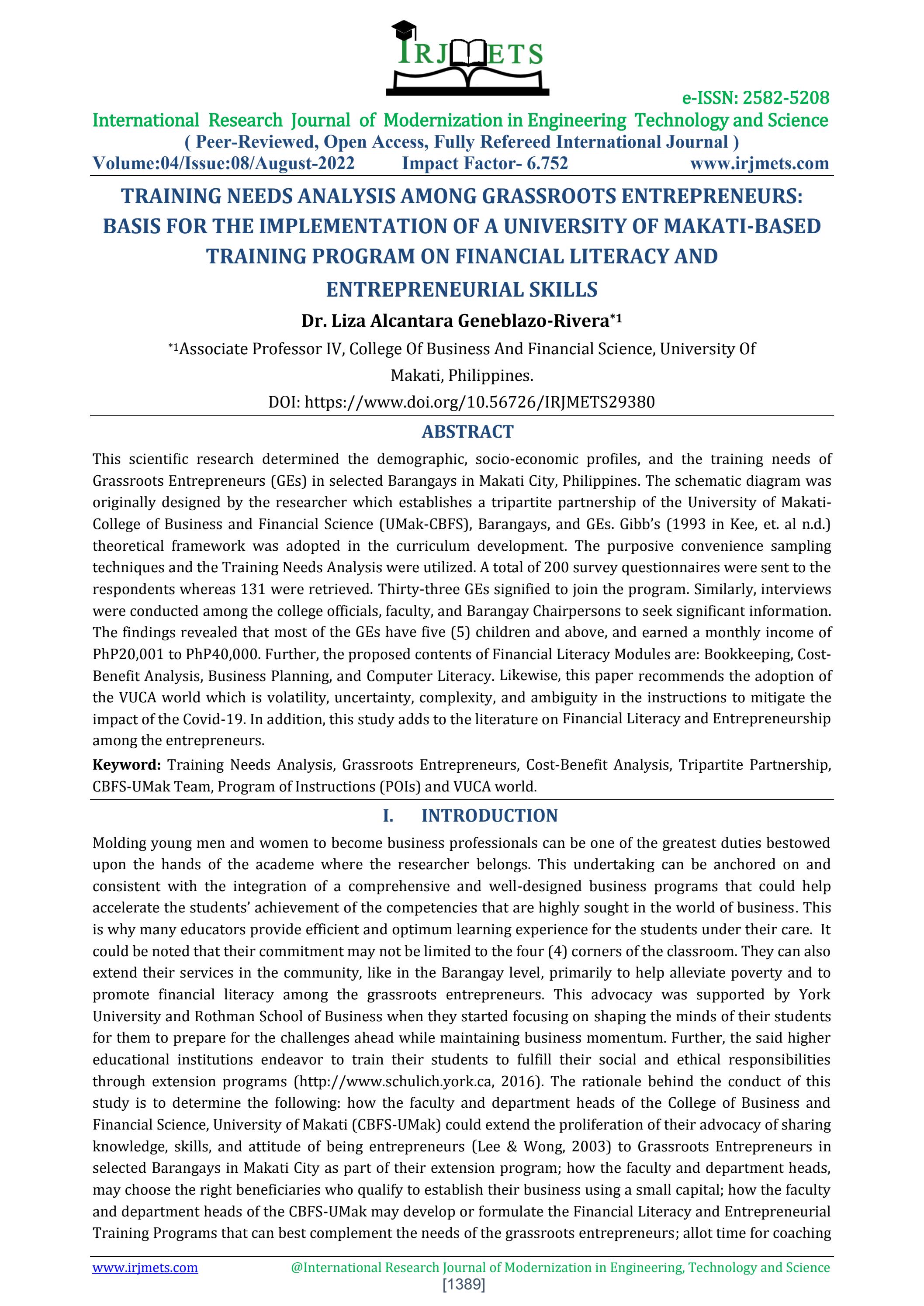 TRAINING NEEDS ANALYSIS AMONG GRASSROOTS ENTREPRENEURS: BASIS FOR THE ...