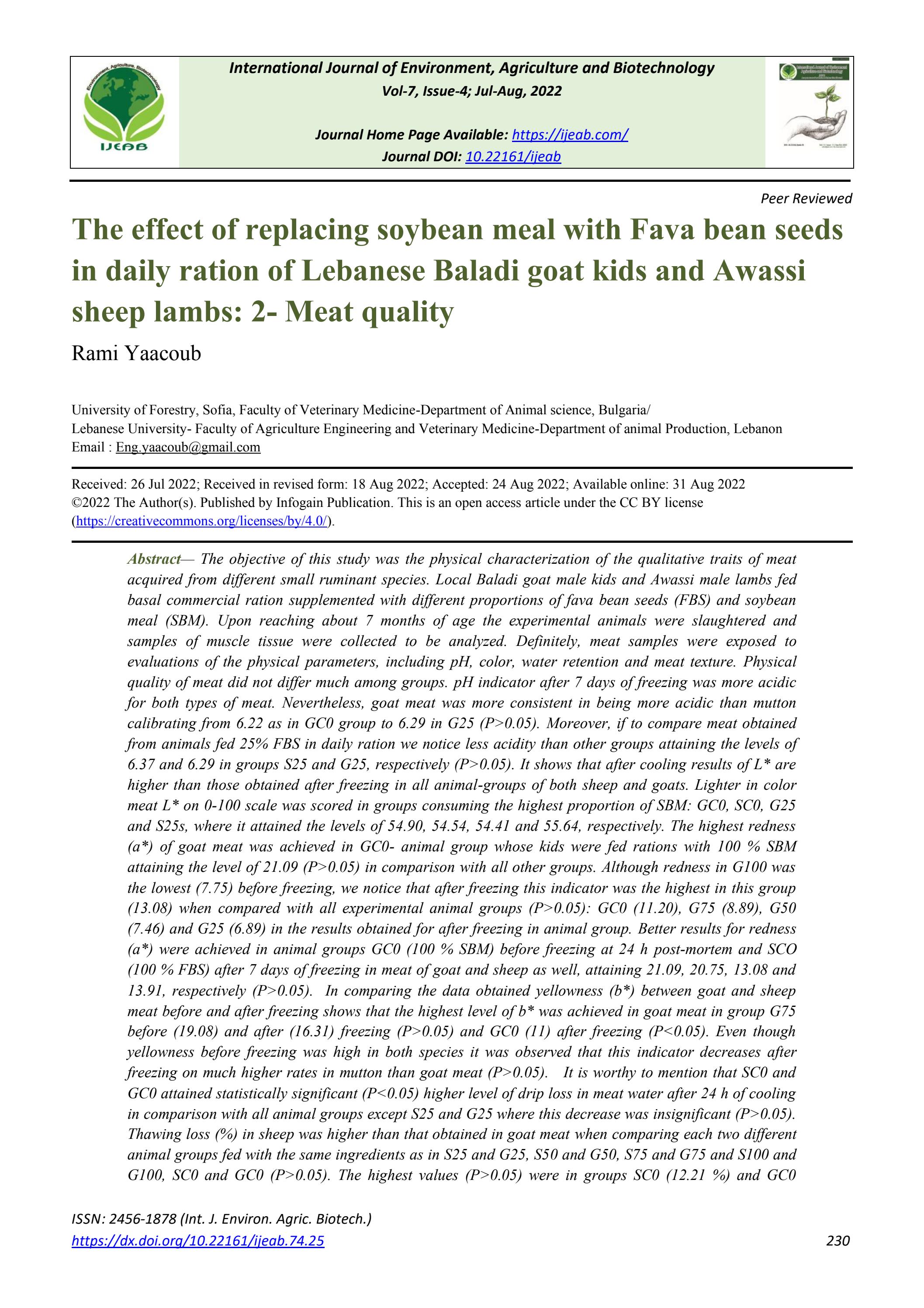 The effect of replacing soybean meal with Fava bean seeds in daily ...