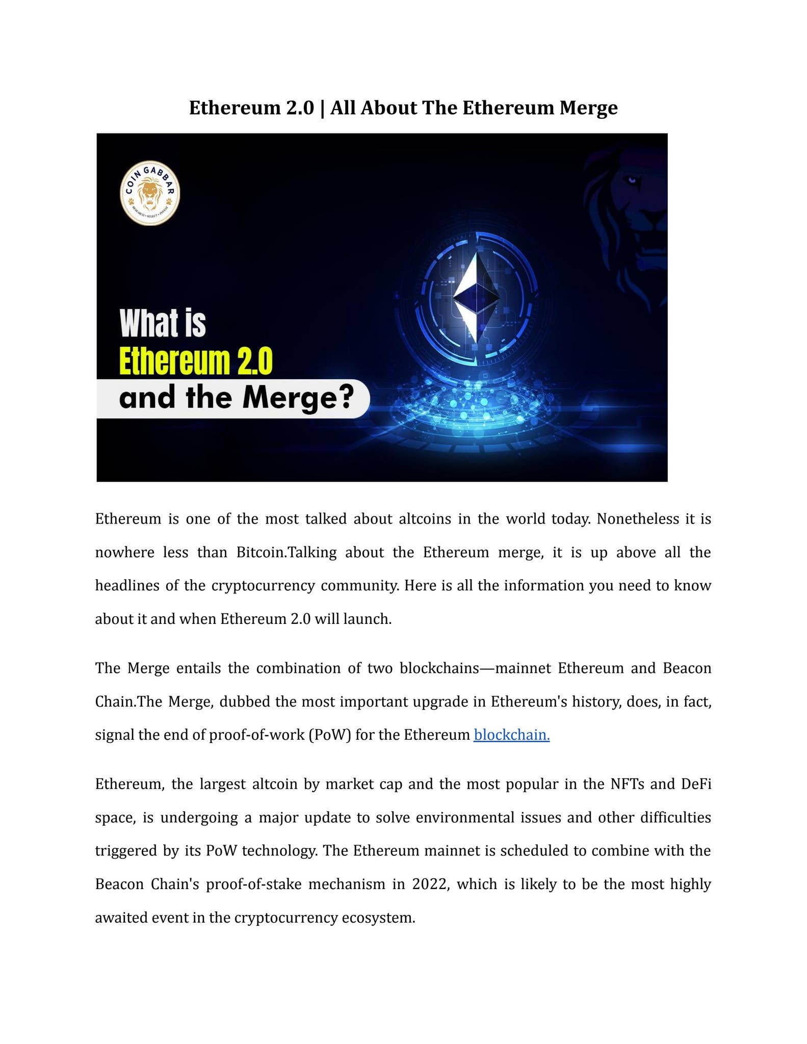 Ethereum 2.0 | All About The Ethereum Merge by coin gabbar - Issuu
