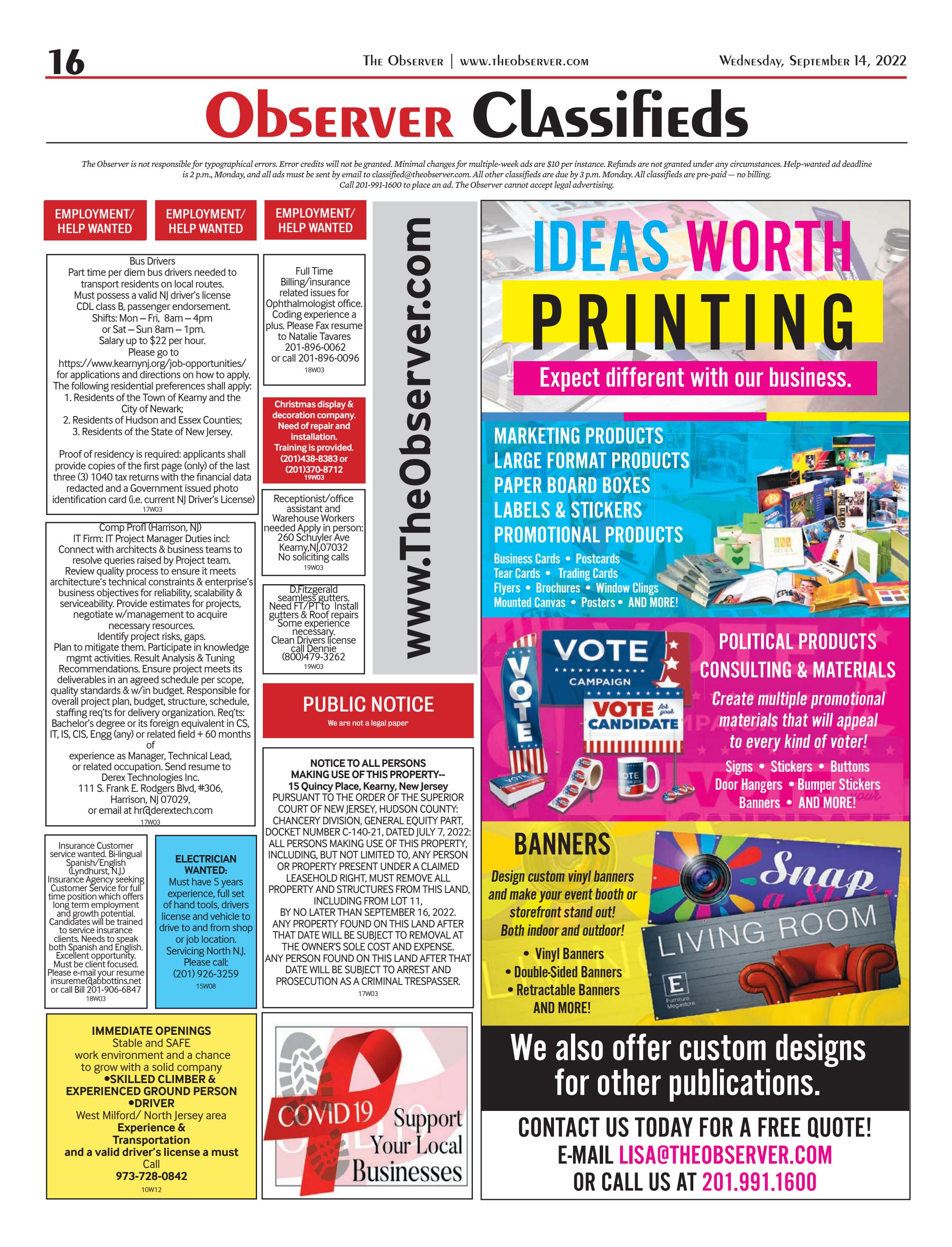 Classifieds for Sept. 14, 2022 by The Observer Newspaper - Issuu
