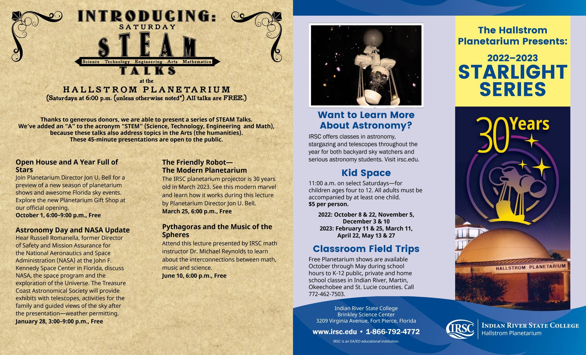 IRSC Hallstrom Planetarium Starlight Series Brochure 2022-2023 by Indian River State College - Issuu
