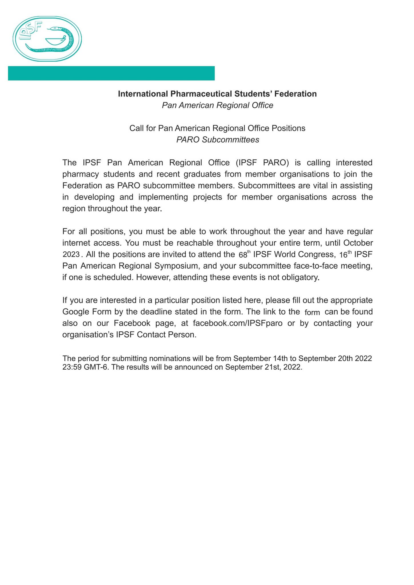 Call for IPSF PARO Team 2022-2023 (Subcommittees and Subcoordinator ...