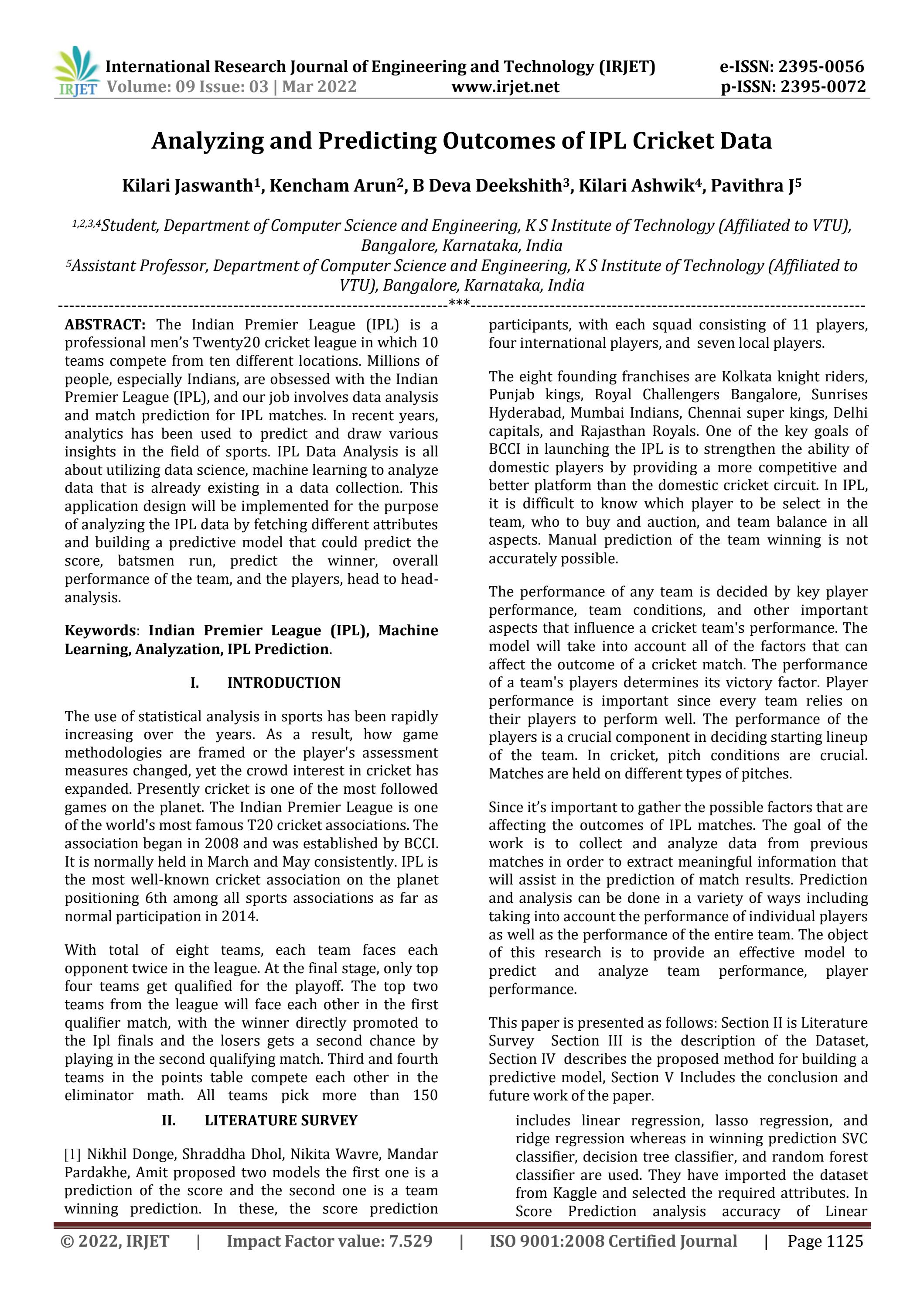 Analyzing and Predicting Outcomes of IPL Cricket Data by IRJET Journal ...