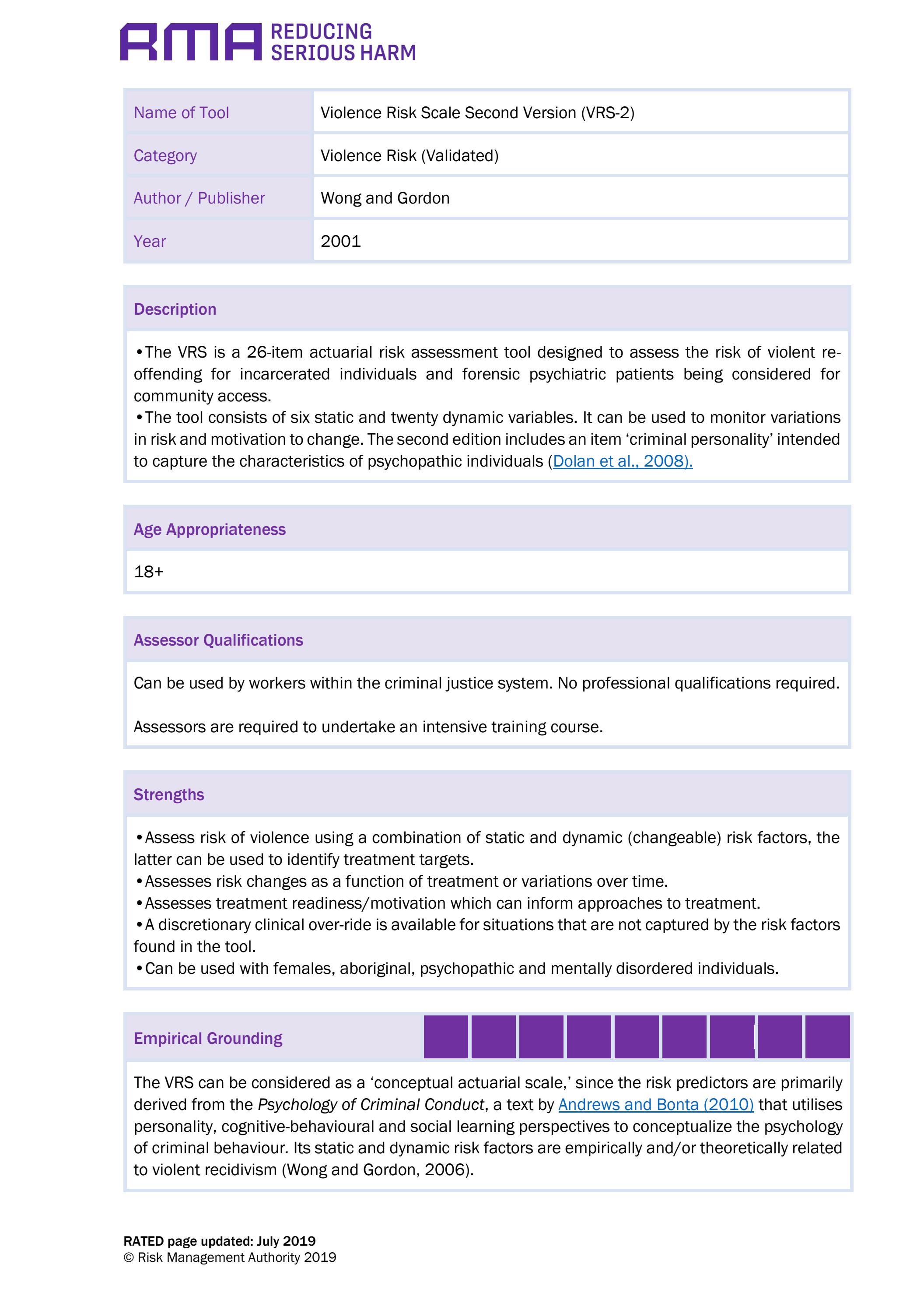 RMA - RATED - Violence Risk - Validated by Risk Management Authority ...