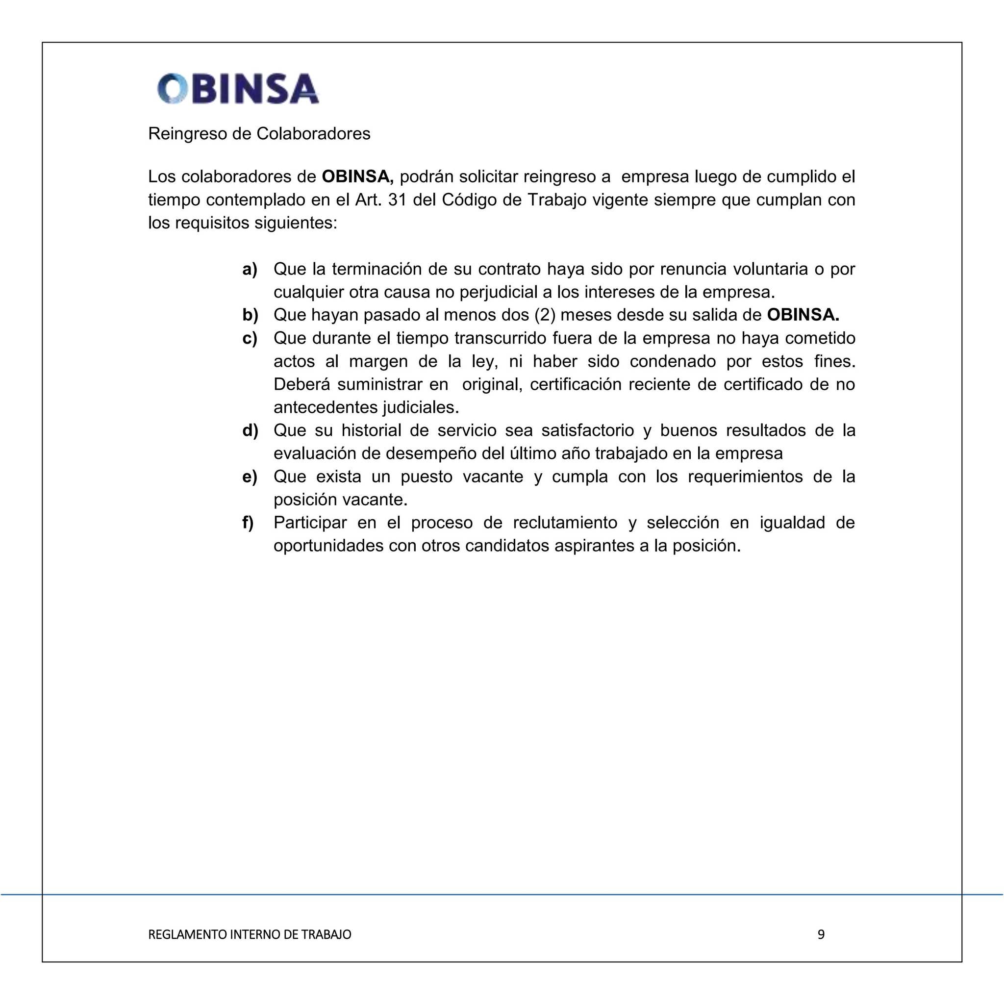 REGLAMENTO INTERNO DE TRABAJO - OBINSA by Gestion Humana - Issuu