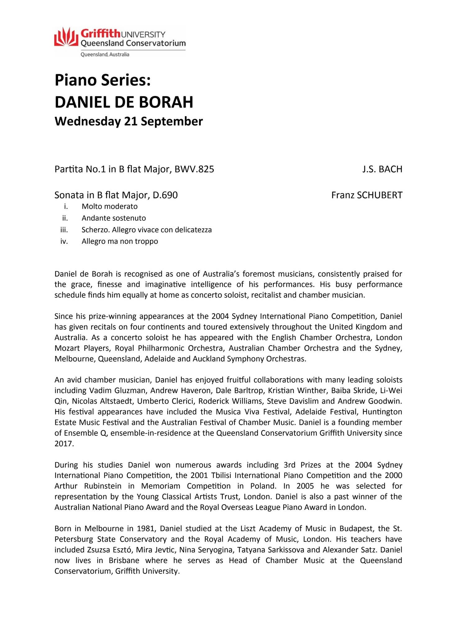 Piano Series - Daniel De Borah by Queensland Conservatorium Griffith ...
