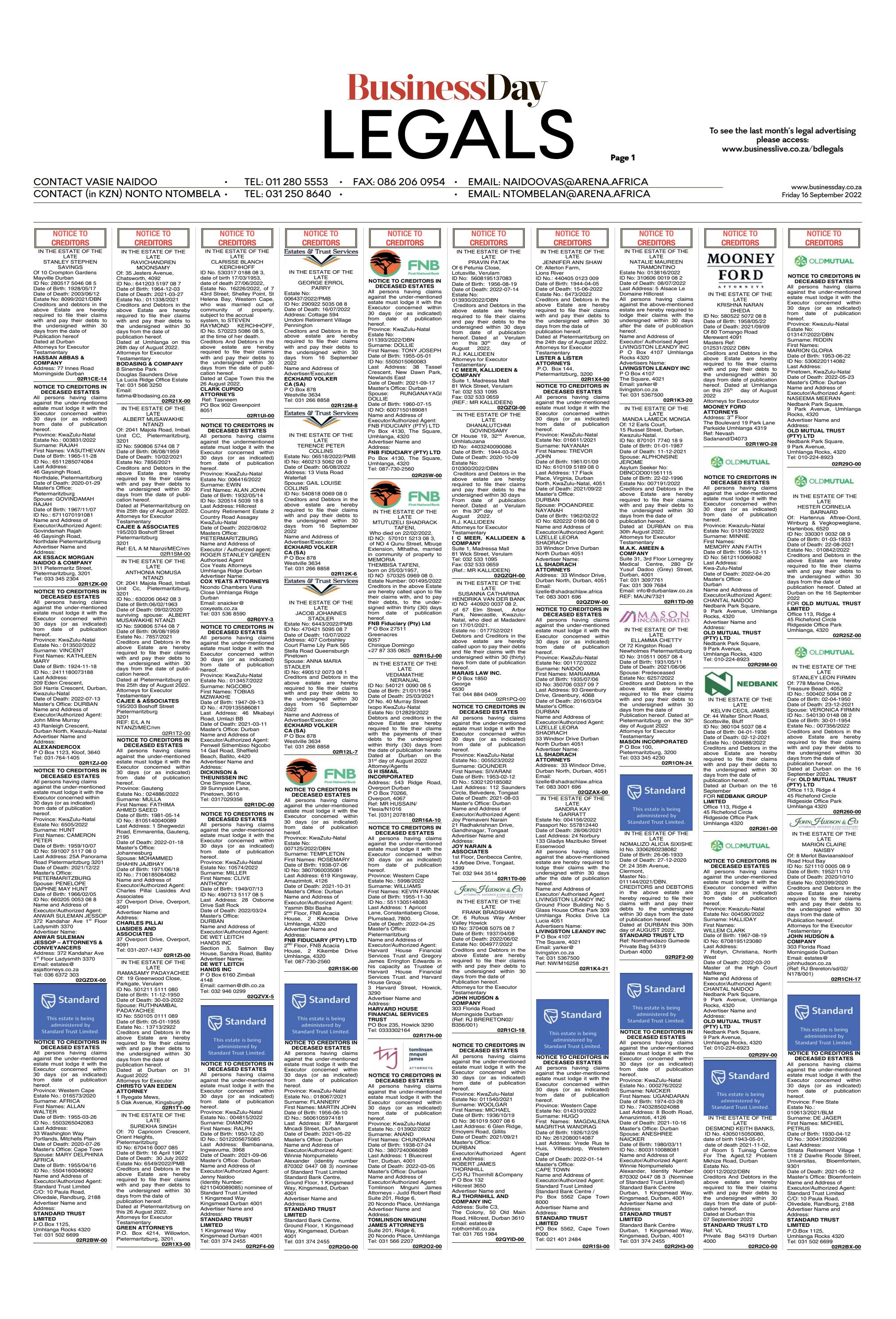 Business Day Legal Notices (September 16 2022) by SundayTimesZA - Issuu