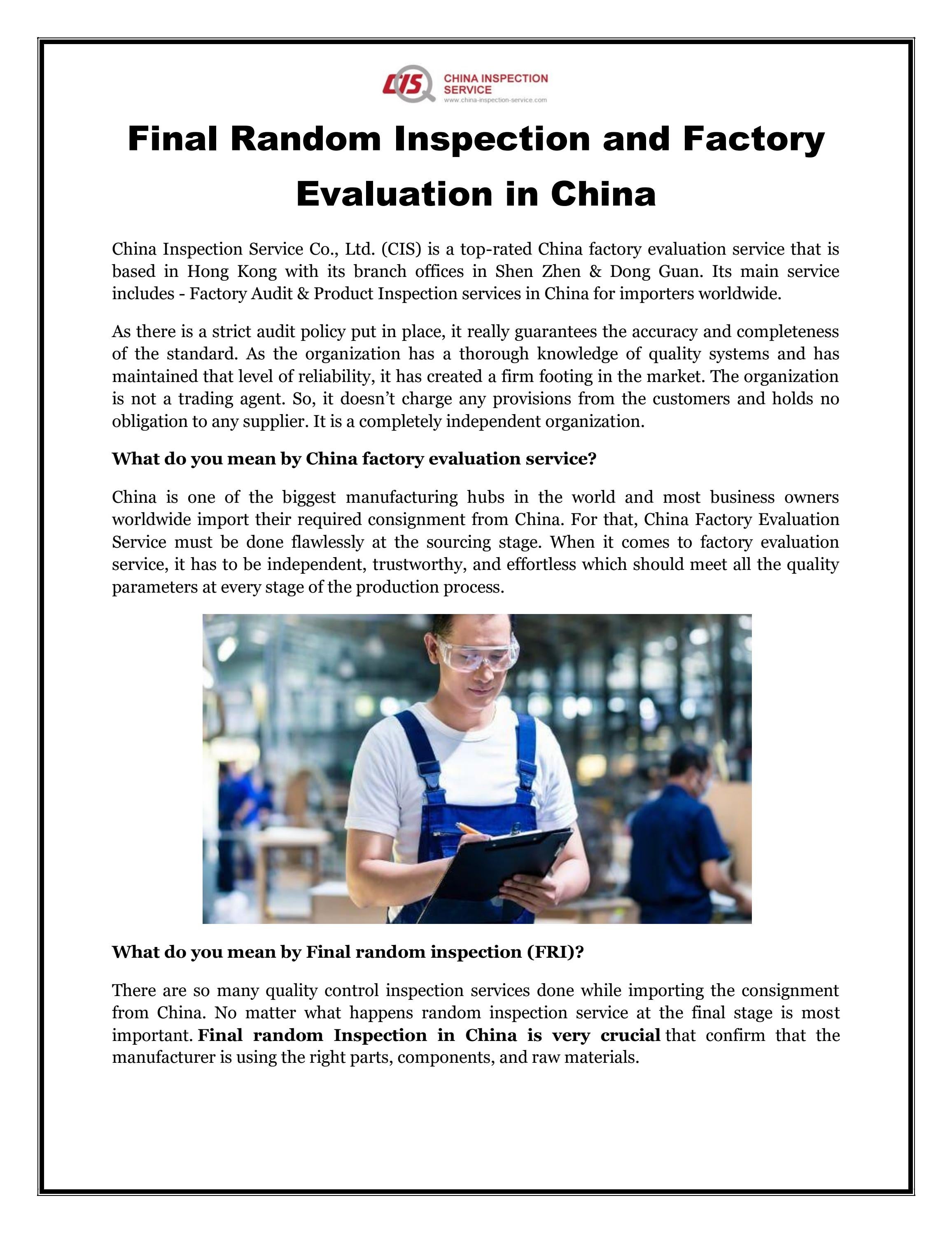 Final Random Inspection and Factory Evaluation in China by ...